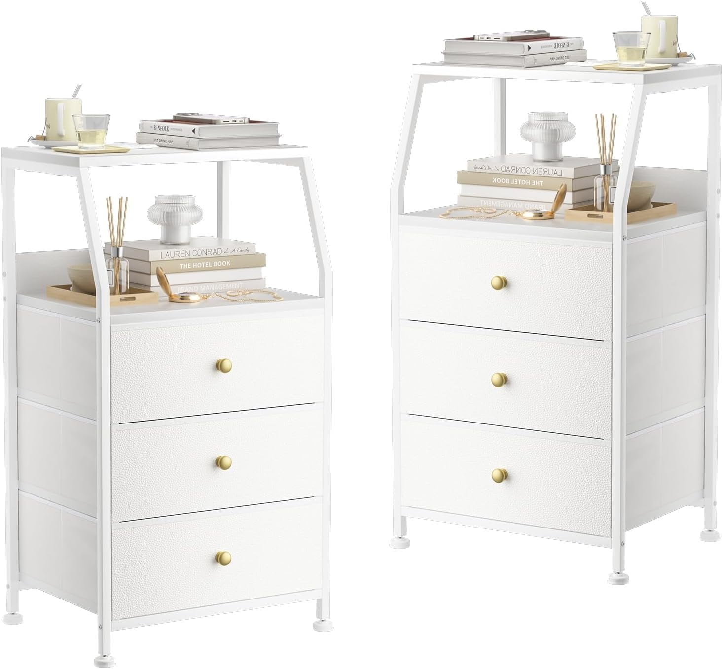 Set of 2 White Nightstand with 3 Fabric Storage Drawers, Small Dresser ...