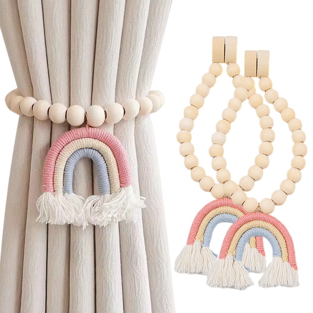 Set of 2 Wood Bead Curtain Tieback, Rainbow Wood Bead Tassel Curtain ...