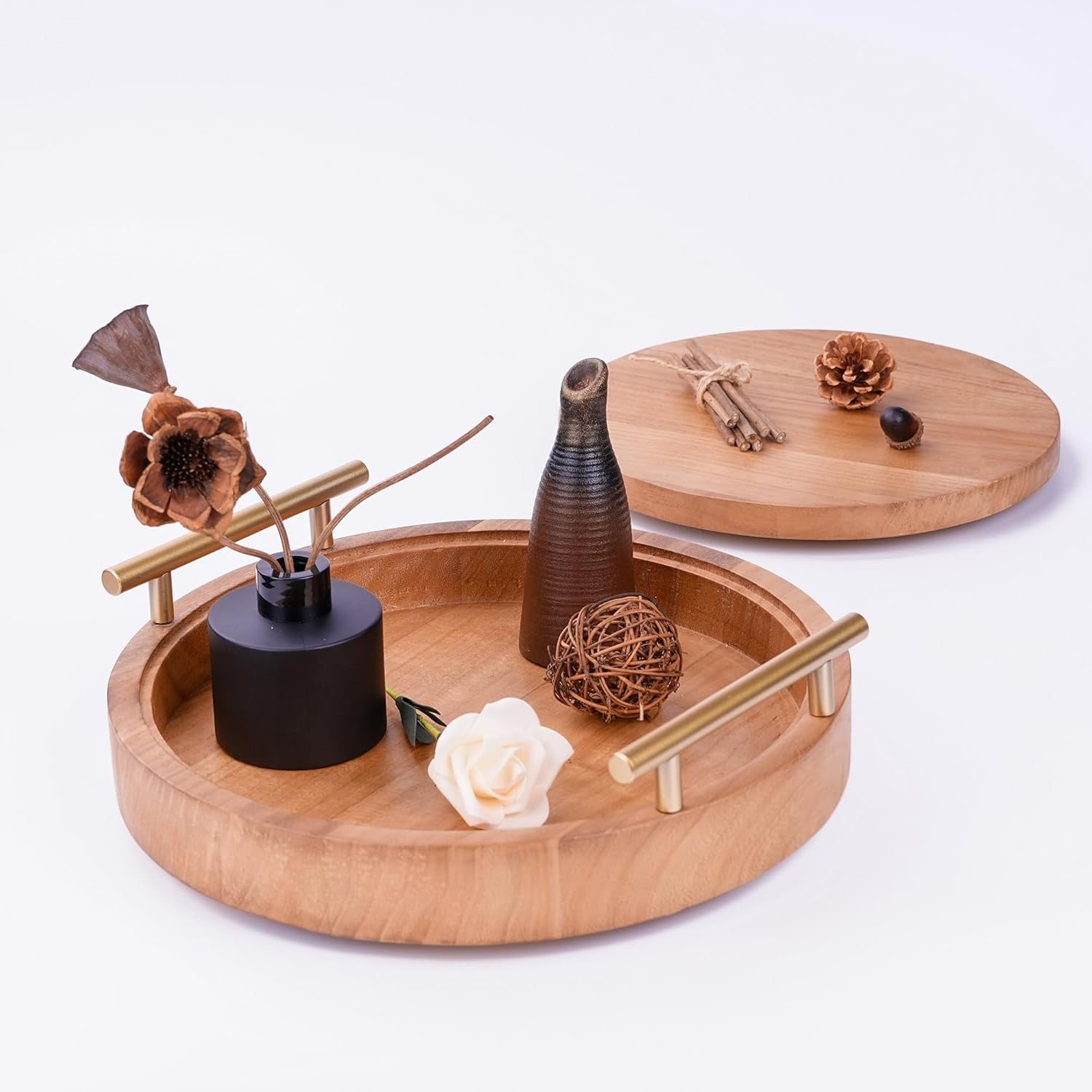 Set of 2 Wood Decorative Trays with Handles 12 Inch Round Decorative ...
