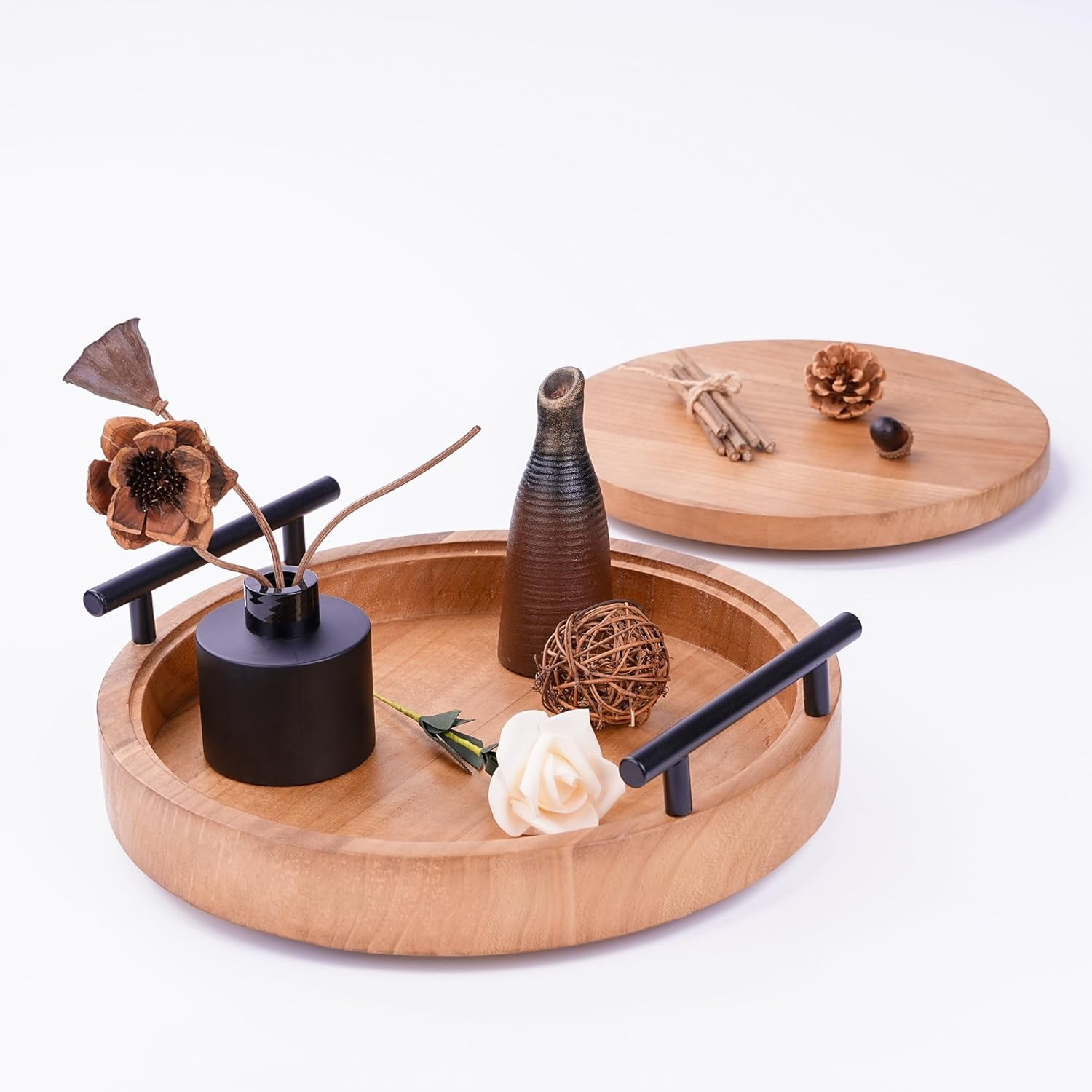 Set of 2 Wood Decorative Trays with Handles 12 Inch Round Decorative ...