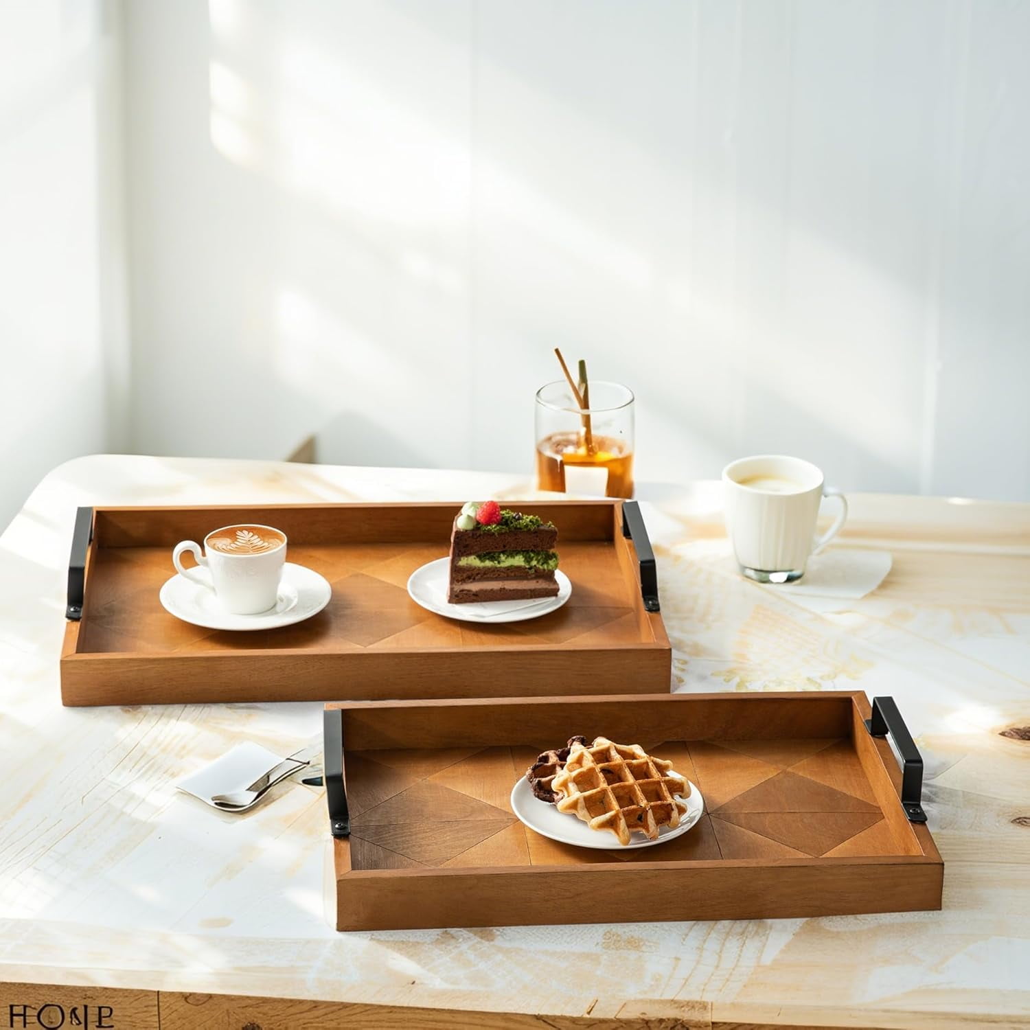 Set of 2 Wooden Serving Trays with Metal Handles, Rectangle Decorative ...