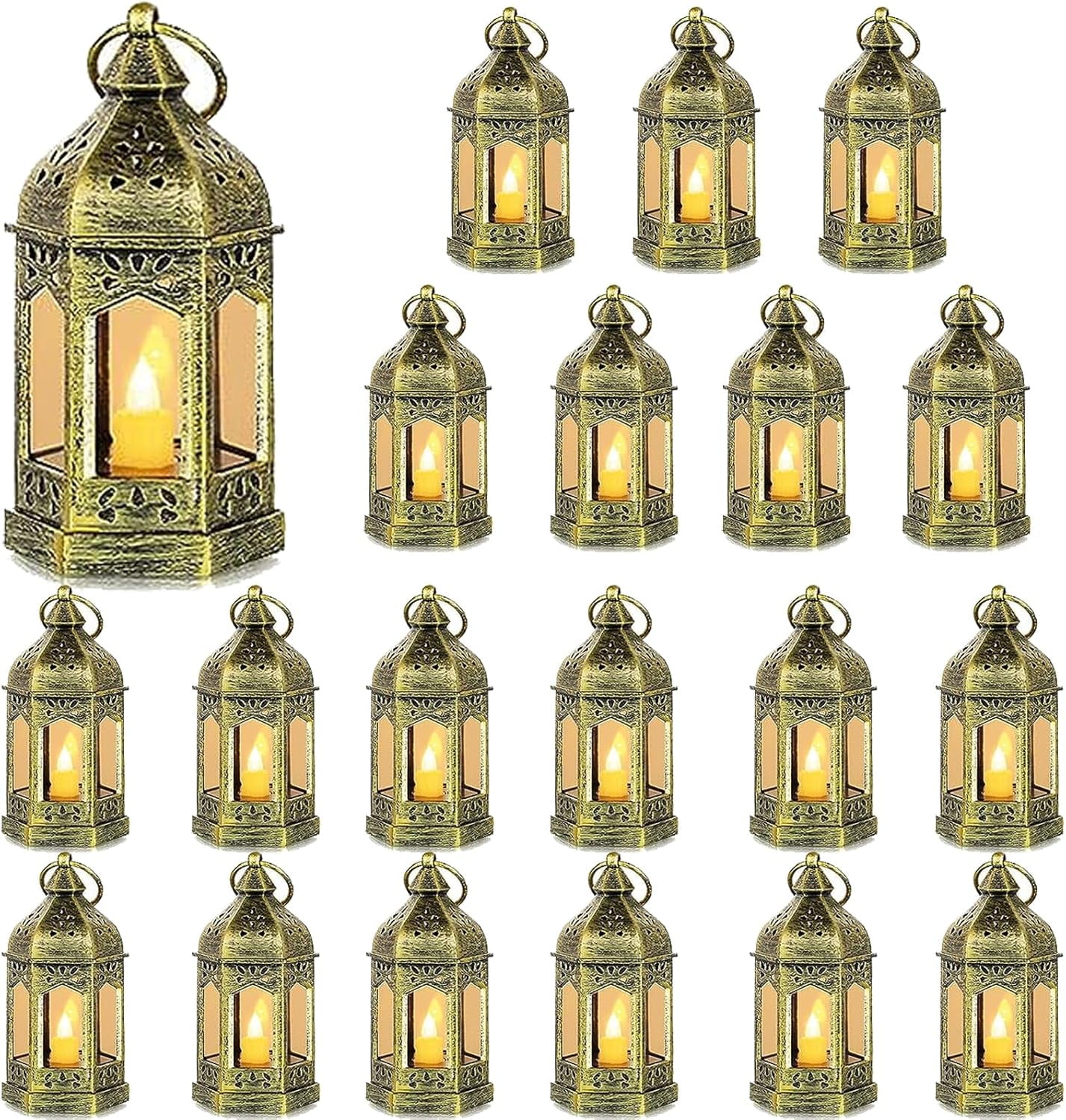 Set of 20 Mini Lanterns with Flickering LED Candles, Gold Vintage ...