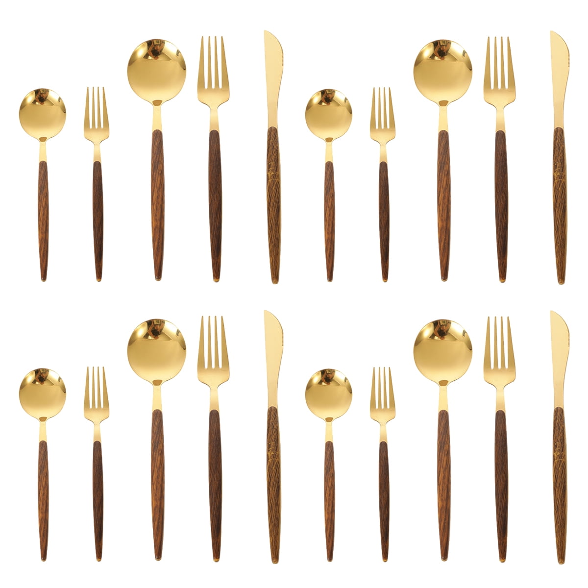 Set 20 Pieces, Wood Surface Handle And Matte Gold Head Flatware Set ...