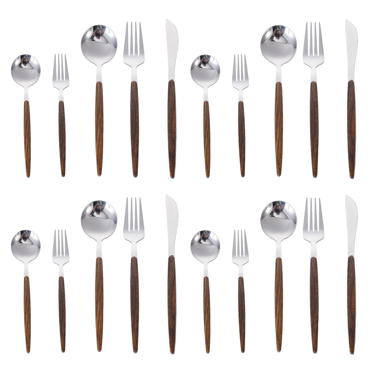 Set 20 Pieces, Wood Surface Handle And Matte Gold Head Flatware Set, Stainless Steel Cutlery Set ...