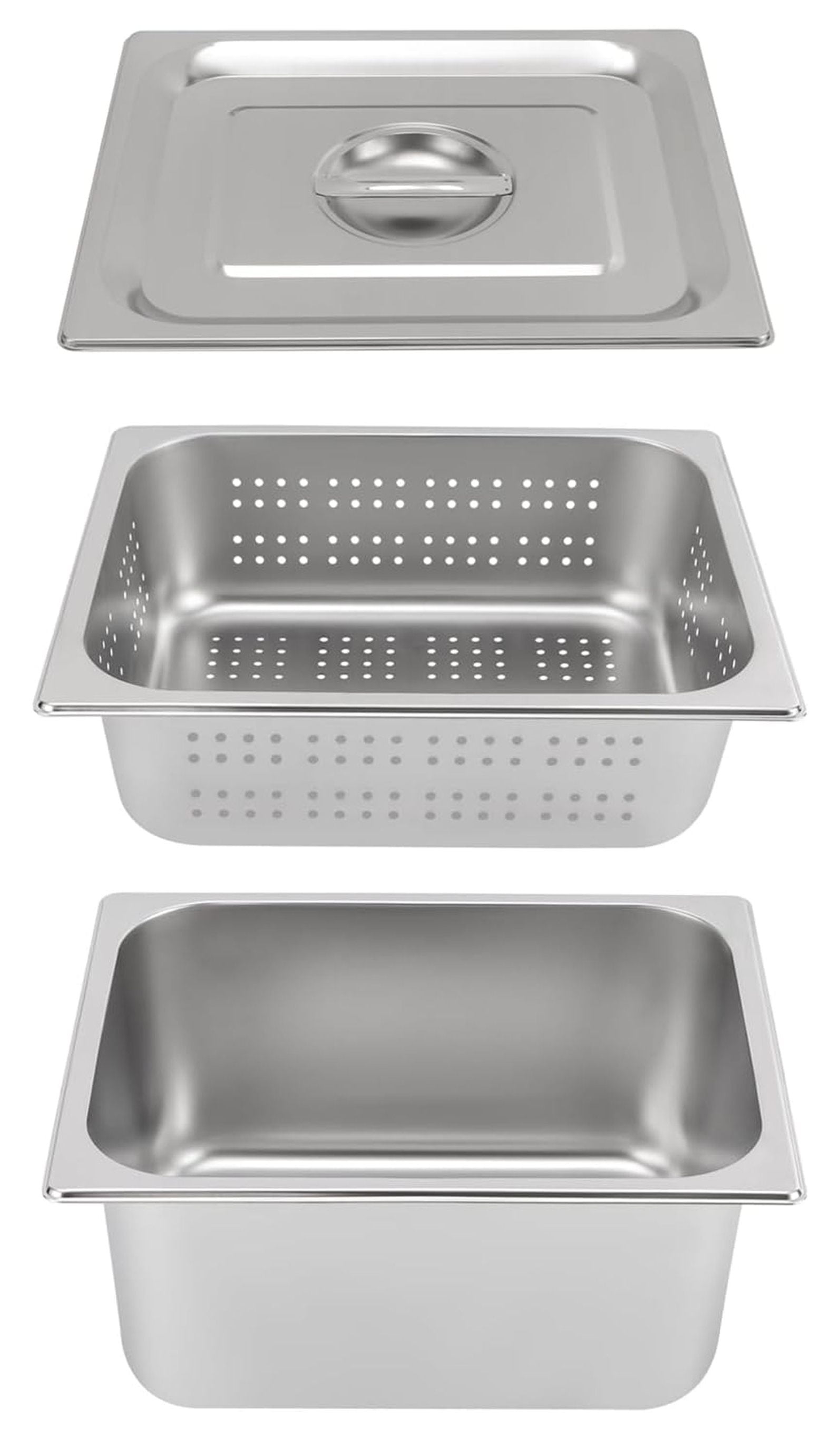 Set of 3 1/2 Size Hotel Pan with Lid,4in Deep Anti-Jam Perforated Stainless Steel Steam Table ...