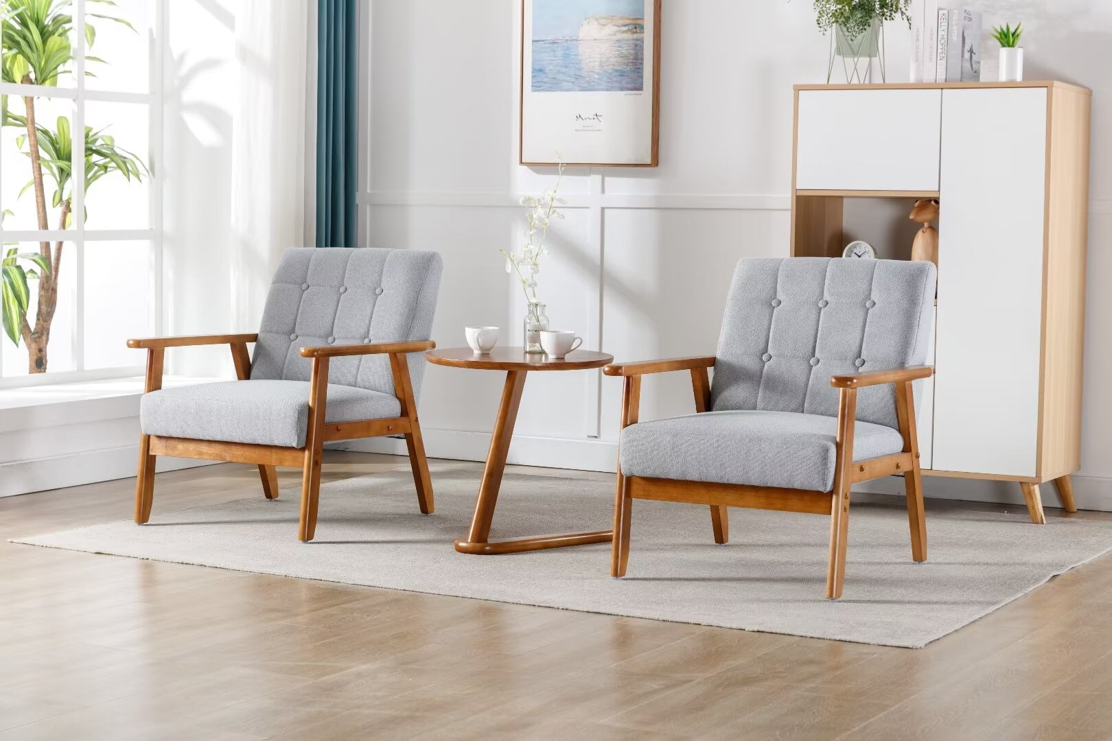 Set of 3 Accent Chairs with Side Table, Linen Upholstered Reading ...