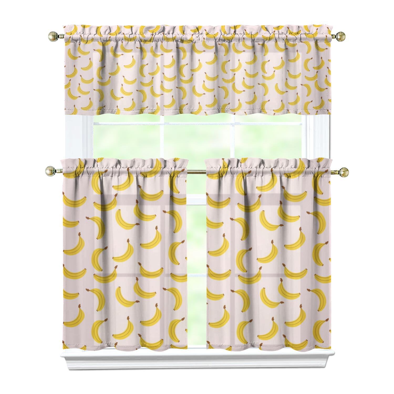 Set of 3 Banana Lover Kitchen Curtains - Cute Kawaii Cartoon Design Rod ...