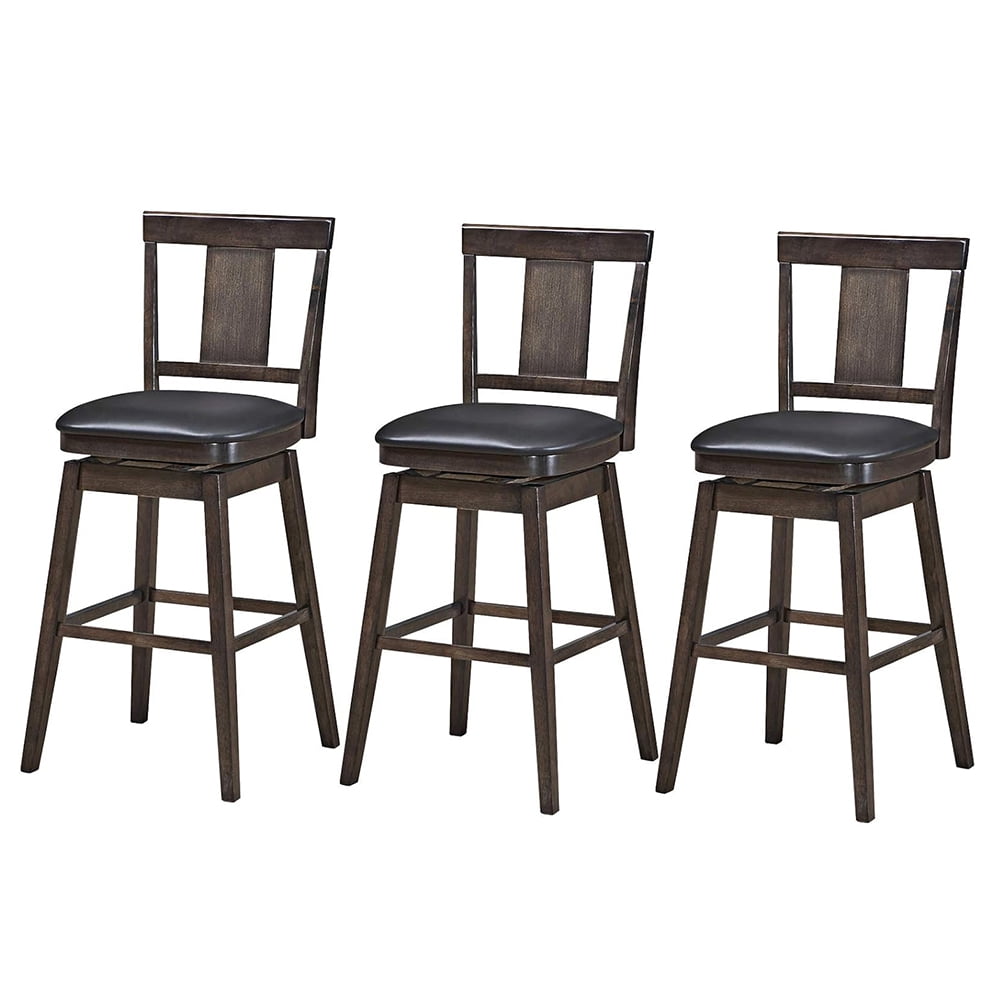 Set of 3 Bar Stools, Swivel Bar Stool with Leather Padded, Wooden ...
