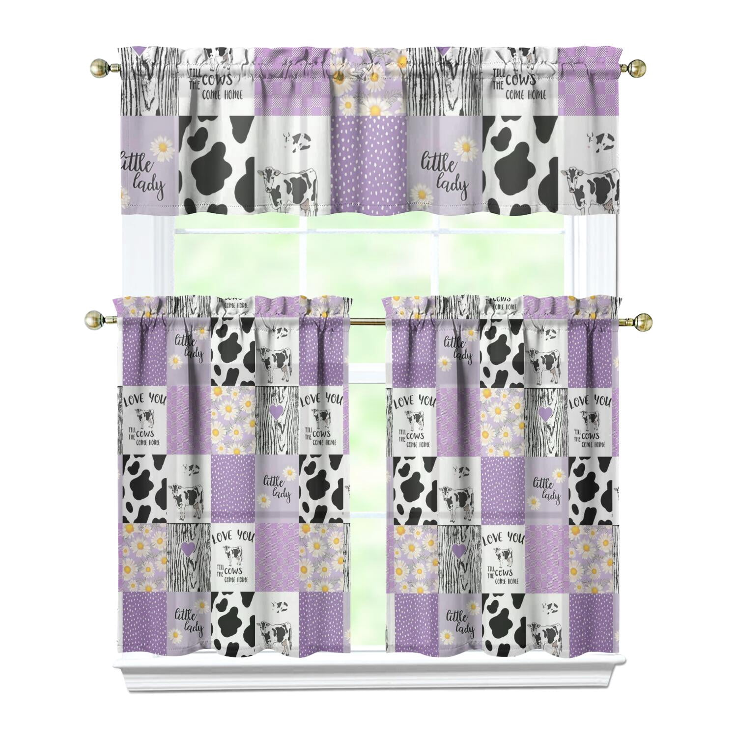 Set of 3 Black and White Cow Pattern Kitchen Curtains - Farmhouse Caf ...