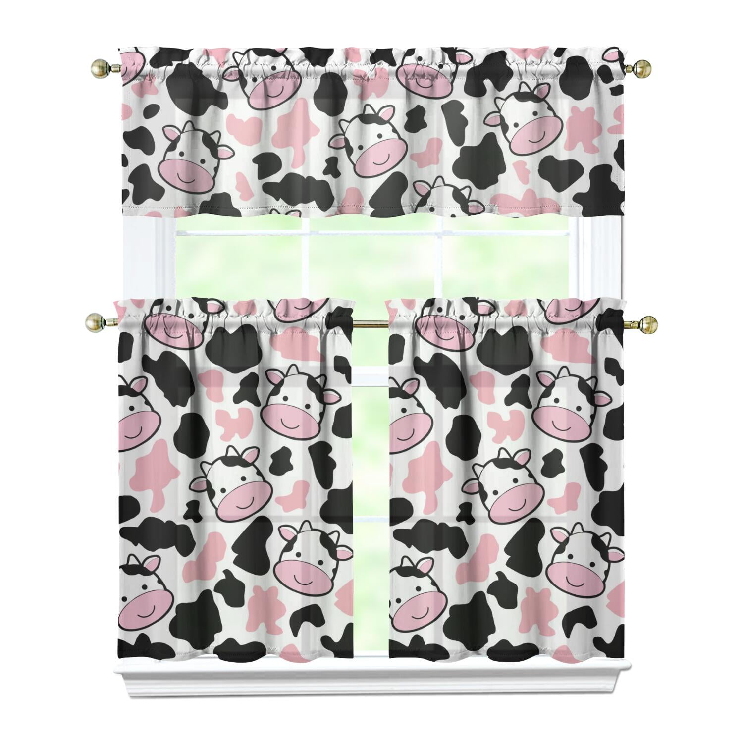 Set of 3 Black and White Cow Pattern Kitchen Curtains - Farmhouse Caf ...