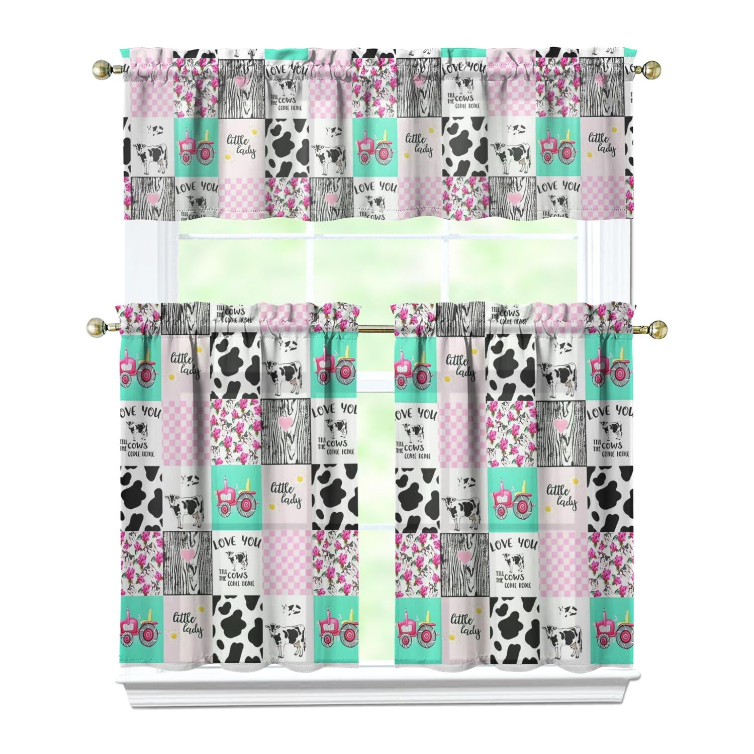 Set of 3 Black and White Cow Pattern Kitchen Curtains - Farmhouse Caf ...