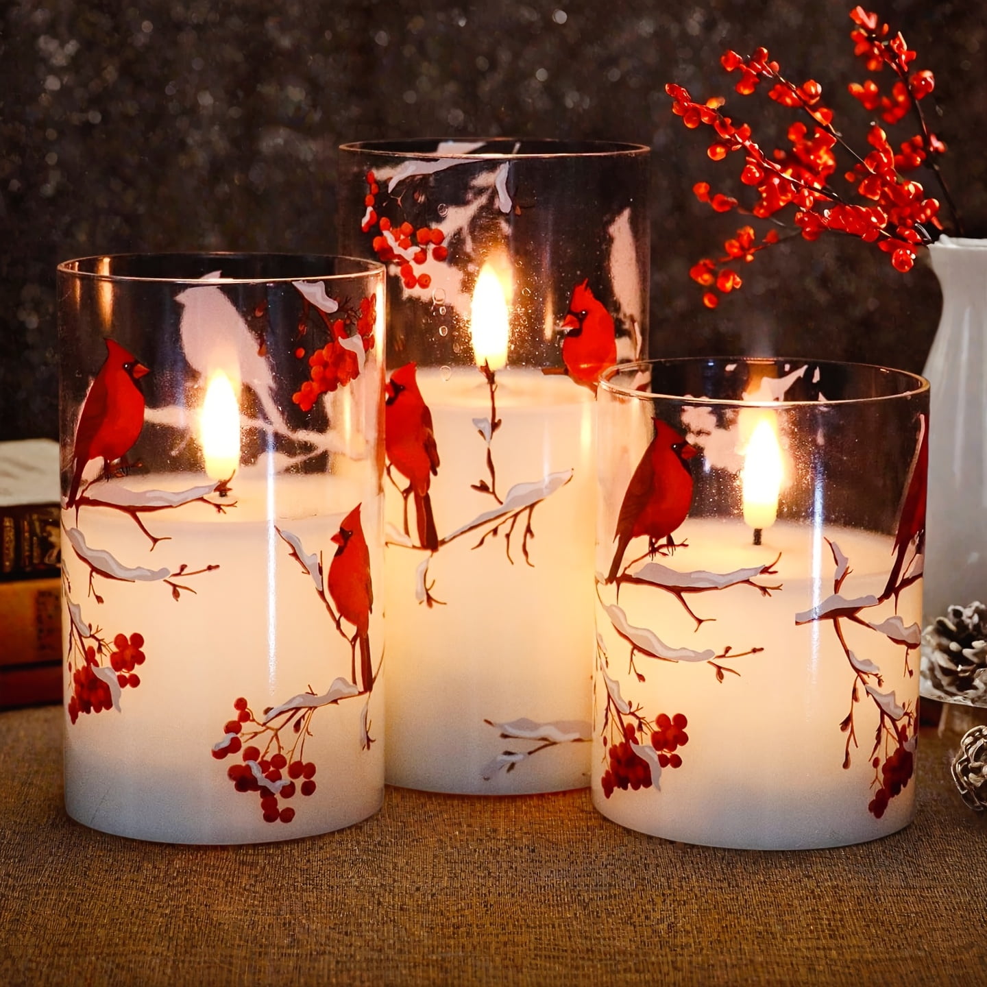 Set of 3 Cardinal Flameless Candles - Red Bird Glass Battery Operated ...