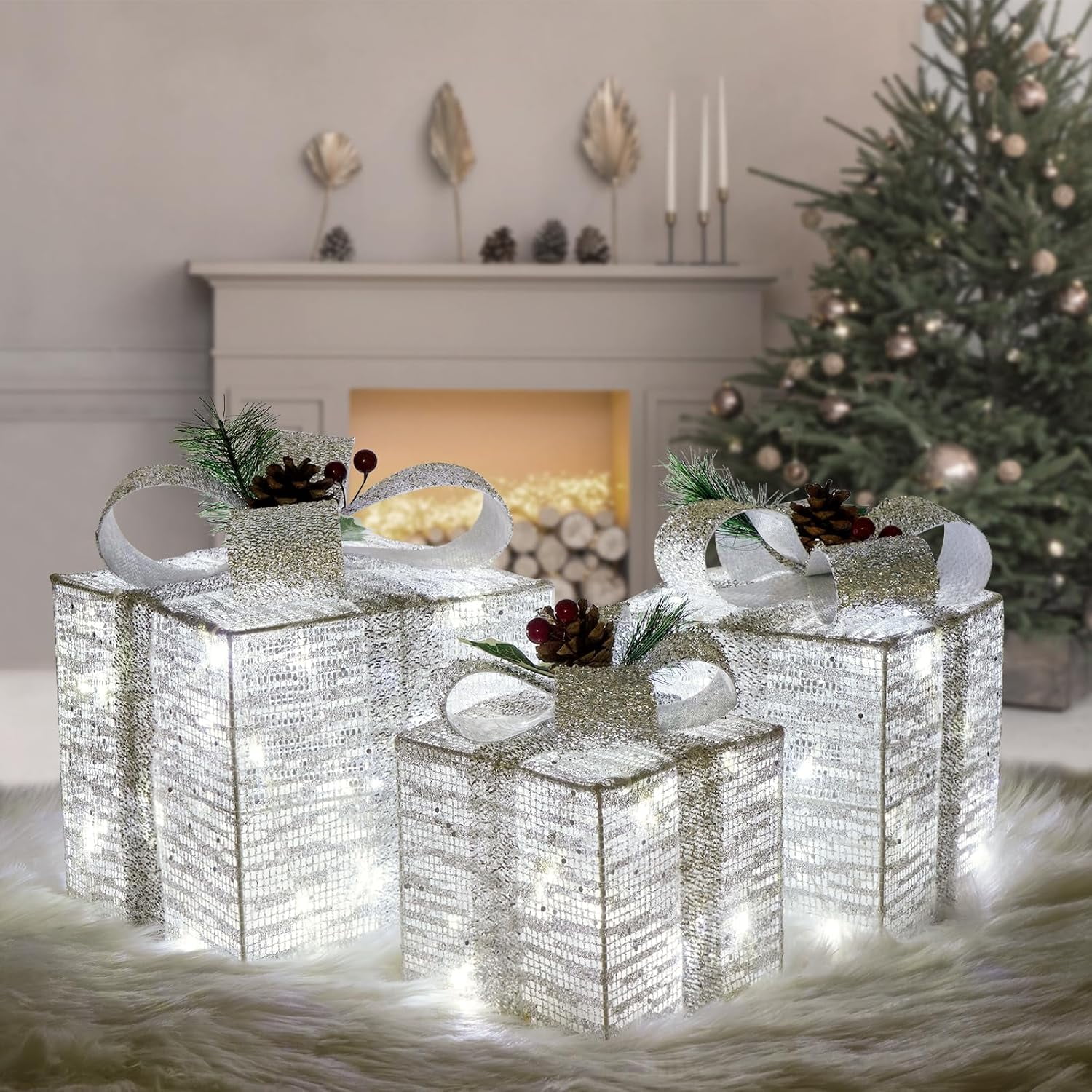 Set of 3 Christmas Lighted Gift Boxes Decorations Indoor, Pre-lit 60LED ...