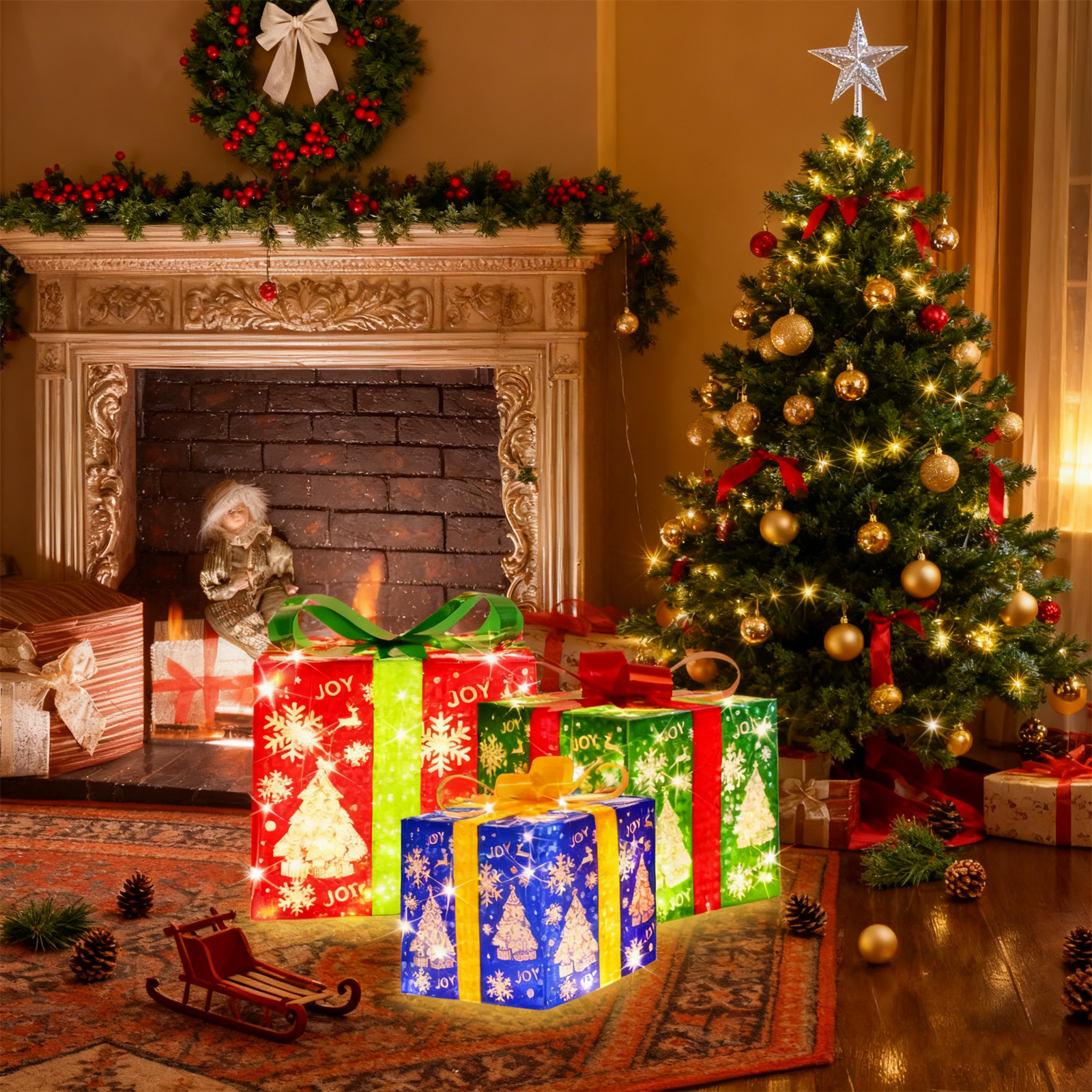 Set of 3 Christmas Lighted Gift Boxes,Different Sizes Light Up Joy ...