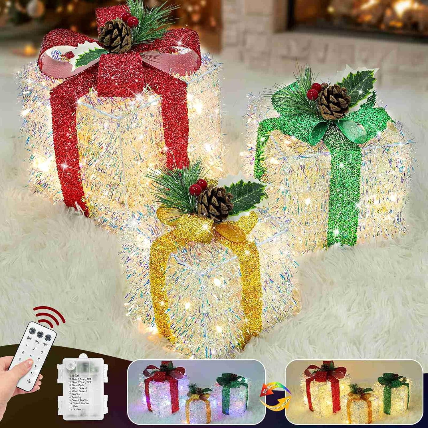 Set of 3 Christmas Lighted Gift Boxes with Glitter Fabric&Tinsel 60 ...
