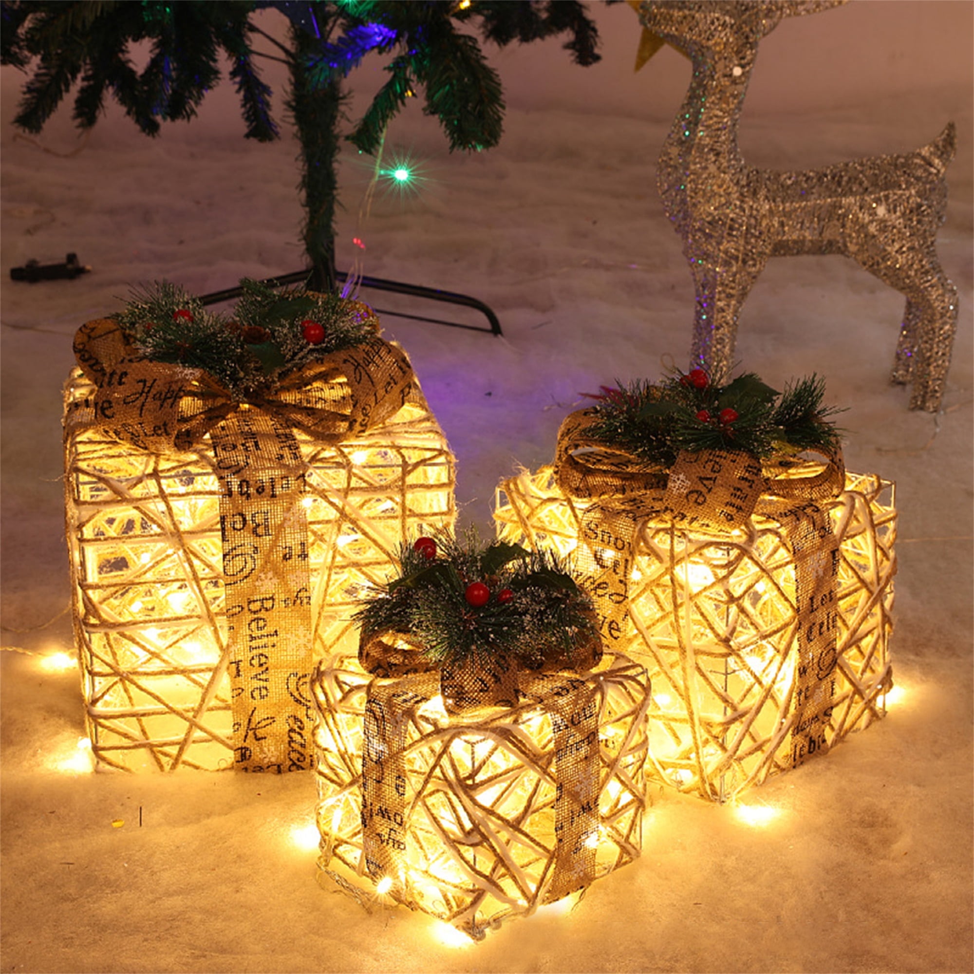 Jxzom 3Pcs Lighted Christmas Gift Boxes, LED Warm White Outdoor Decor ...