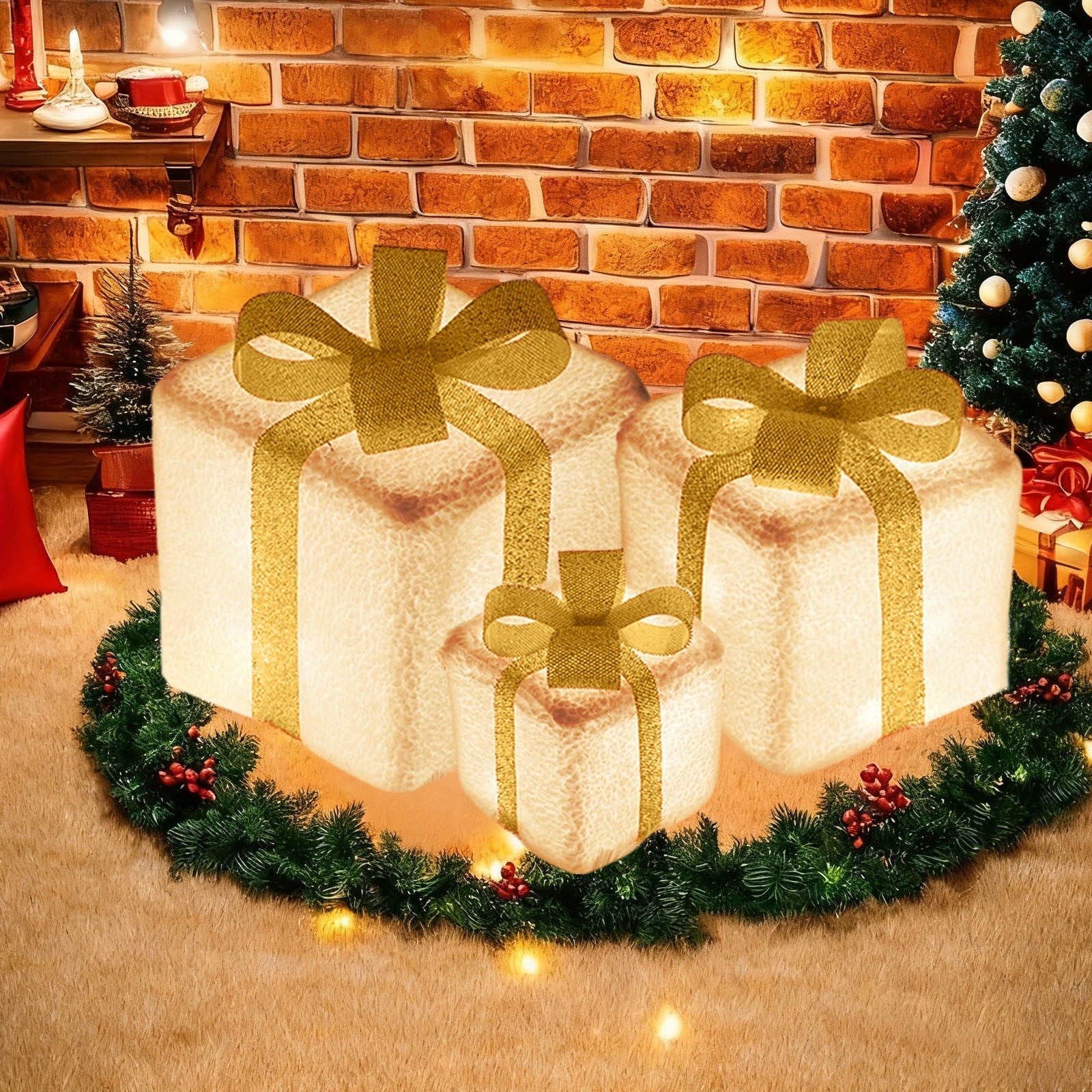 Set of 3 Christmas Lighted Gift Boxes with Plug Pre-lit 60 LED Light Up ...