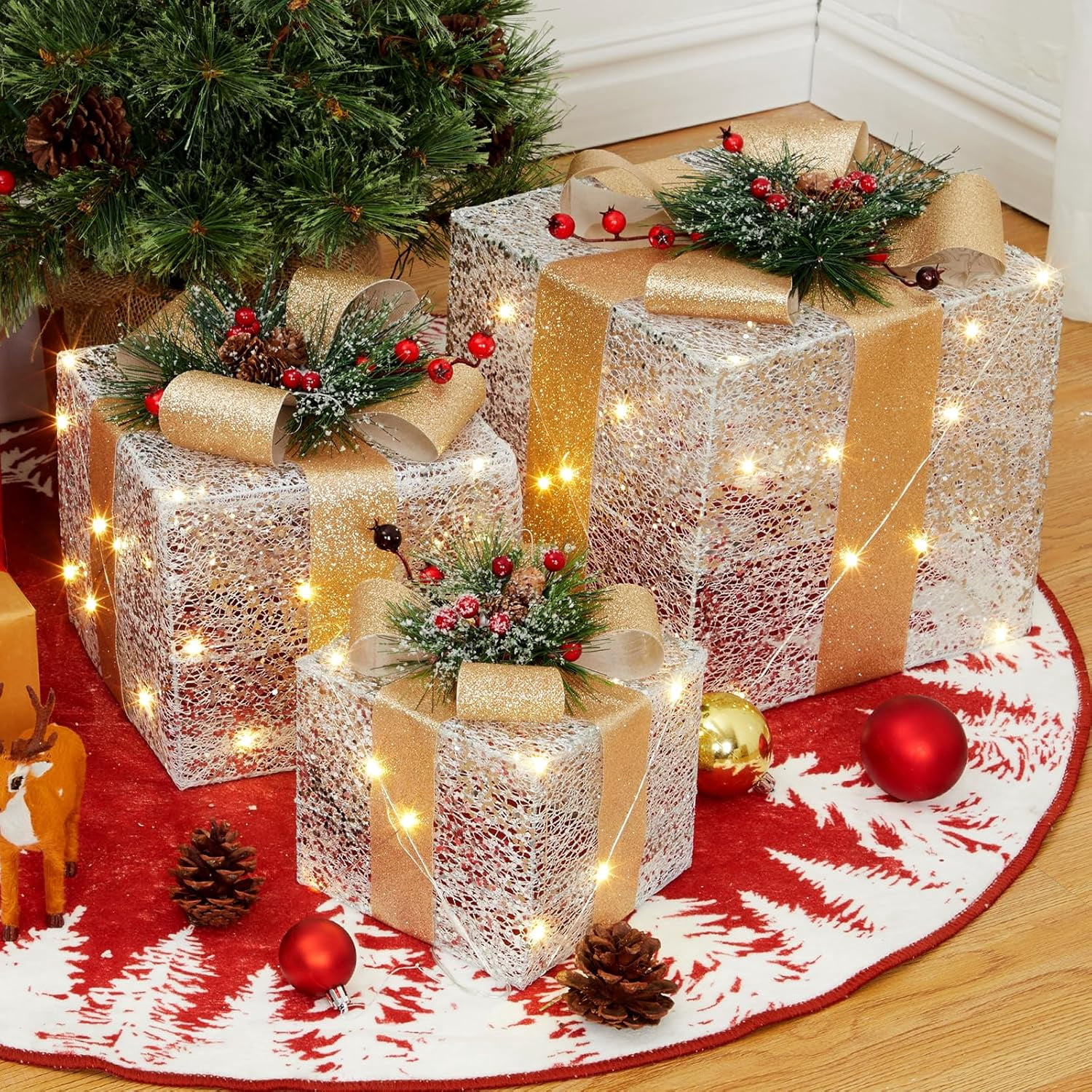 Set of 3 Christmas Lighted Gift Boxes, Pre-Lit Gift Present Boxes with ...