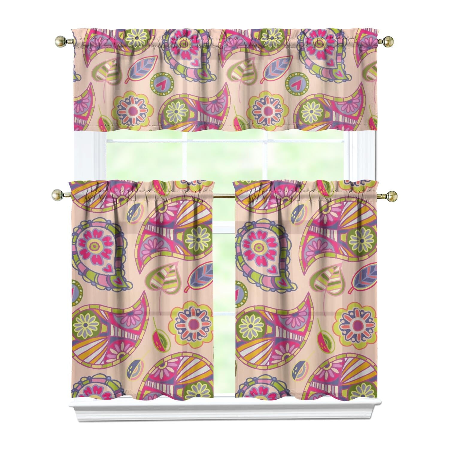 Set of 3 Colorful Retro Kitchen Curtains, Abstract Paisley Window ...