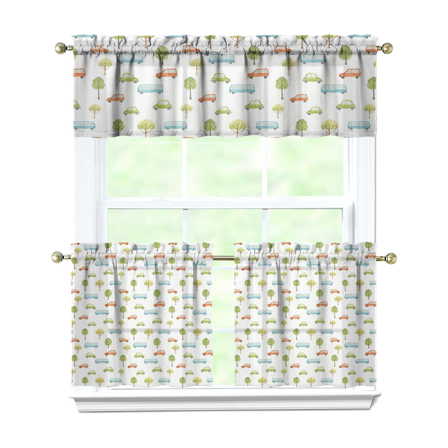 Set of 3 Construction Theme Kitchen Curtains - Tractor & Fire Truck Rod ...