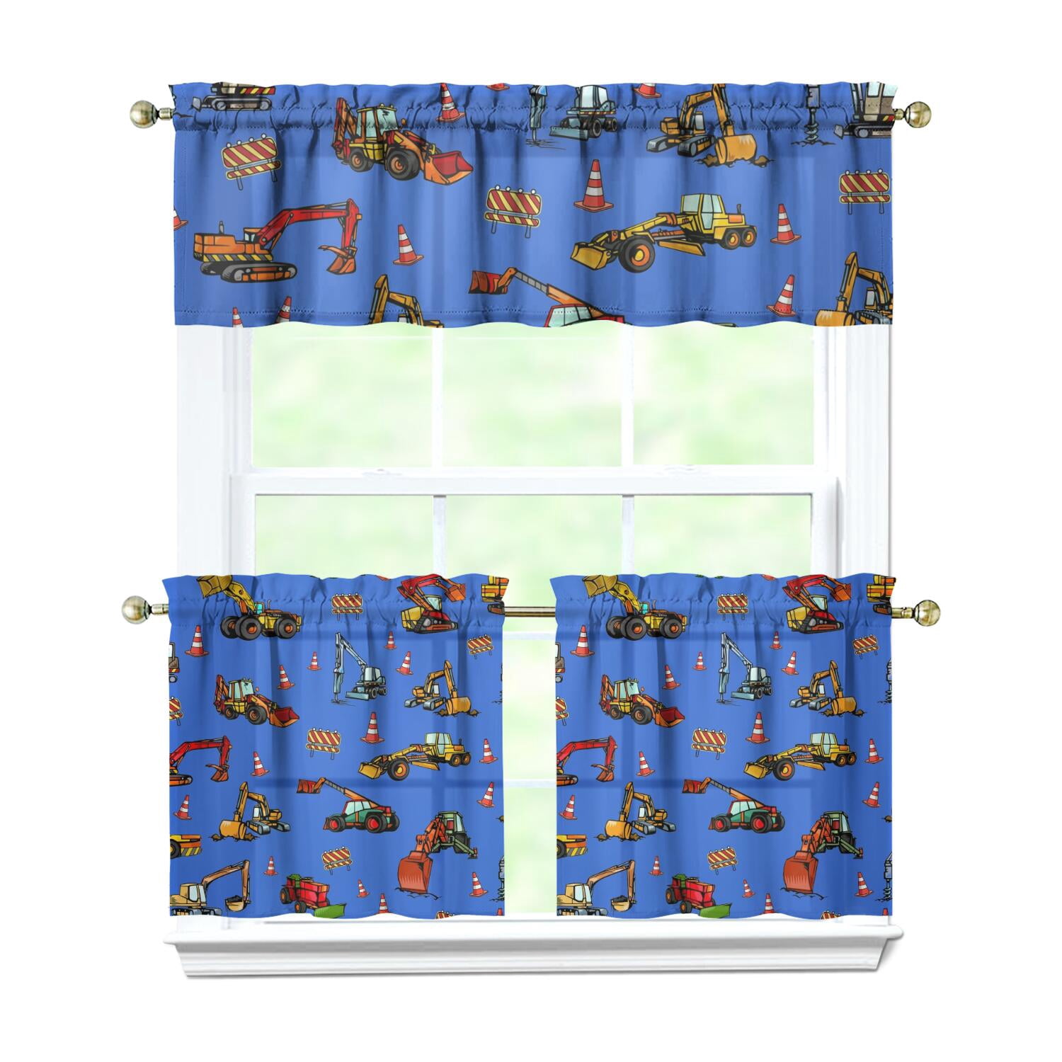 Set of 3 Construction Theme Kitchen Curtains - Tractor & Fire Truck Rod ...