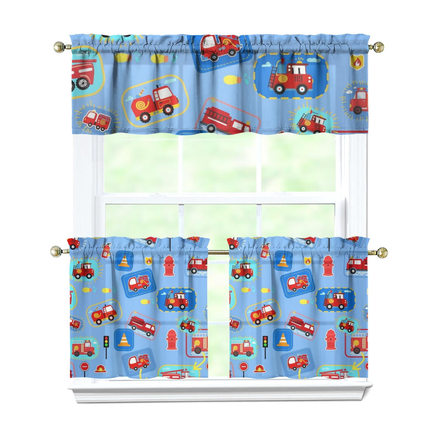 Set of 3 Construction Theme Kitchen Curtains - Tractor & Fire Truck Rod ...