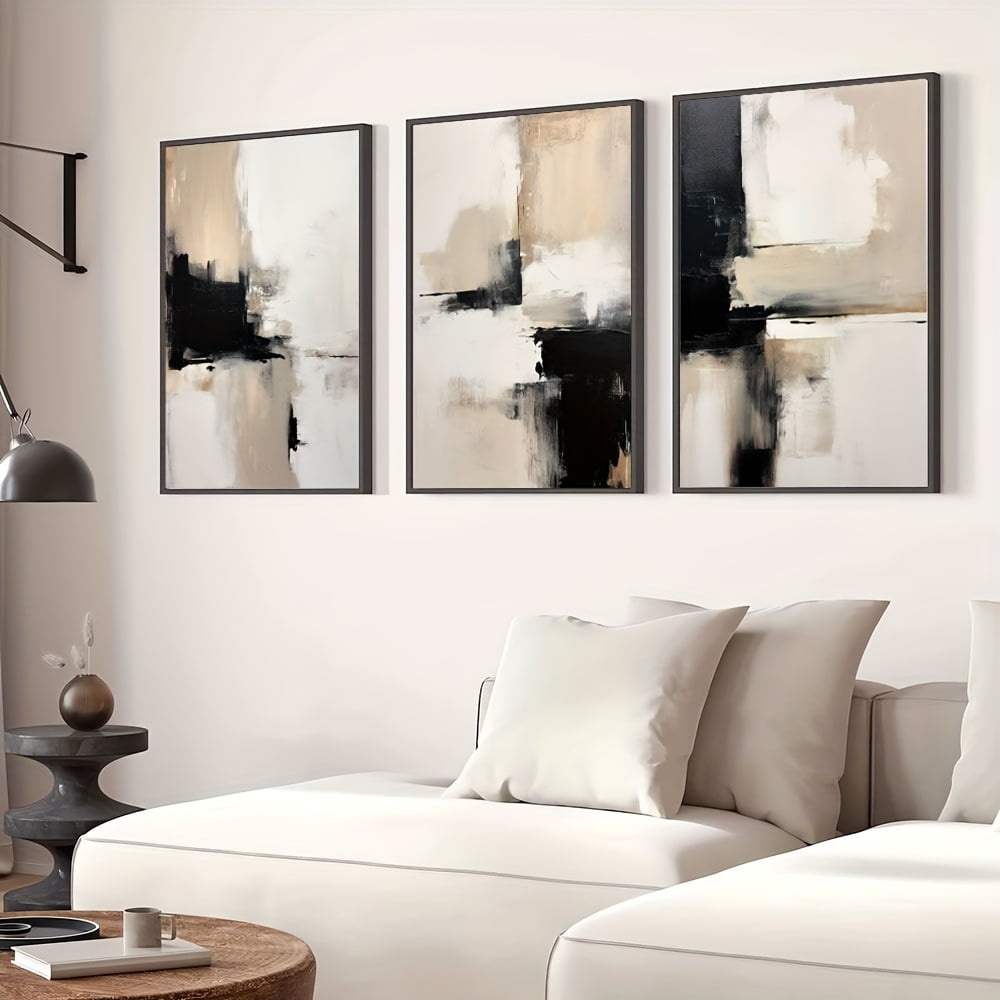 Set of 3 Contemporary Abstract Art Canvas Prints, Black and Beige ...