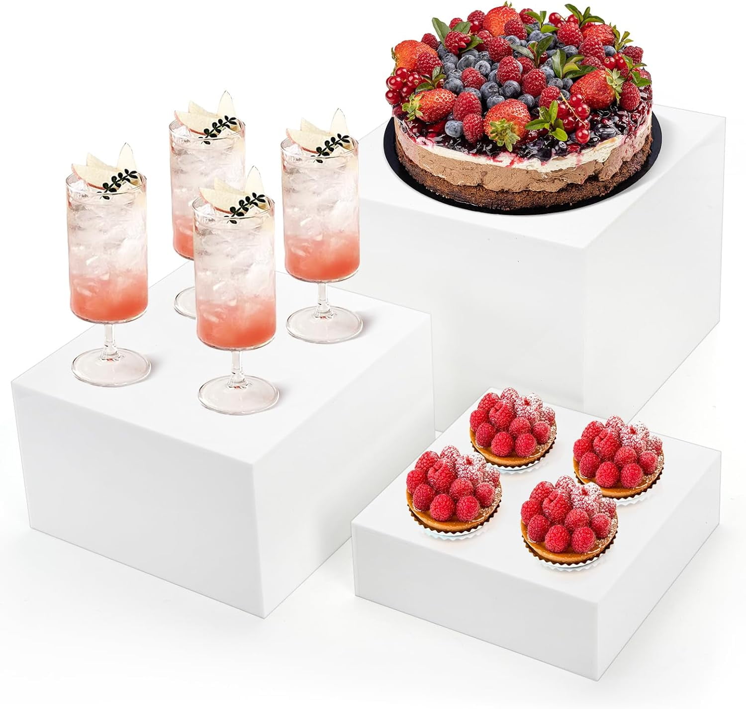 Set of 3 Cube Riser Hollow Bottom, Glossy White Buffet Riser Display ...