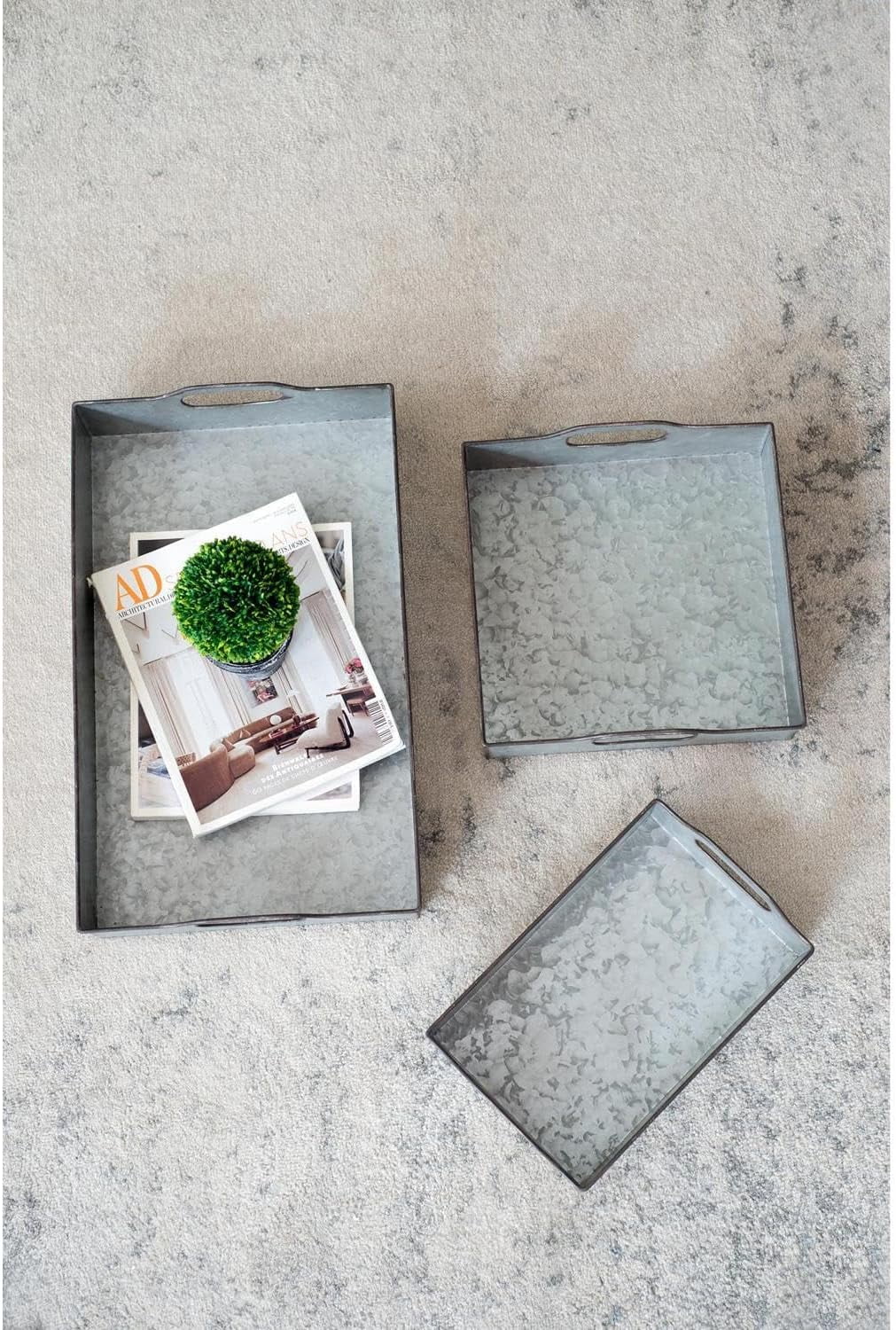 Set of 3 Decorative Nesting Trays with Raised Handles, Galvanized Metal ...
