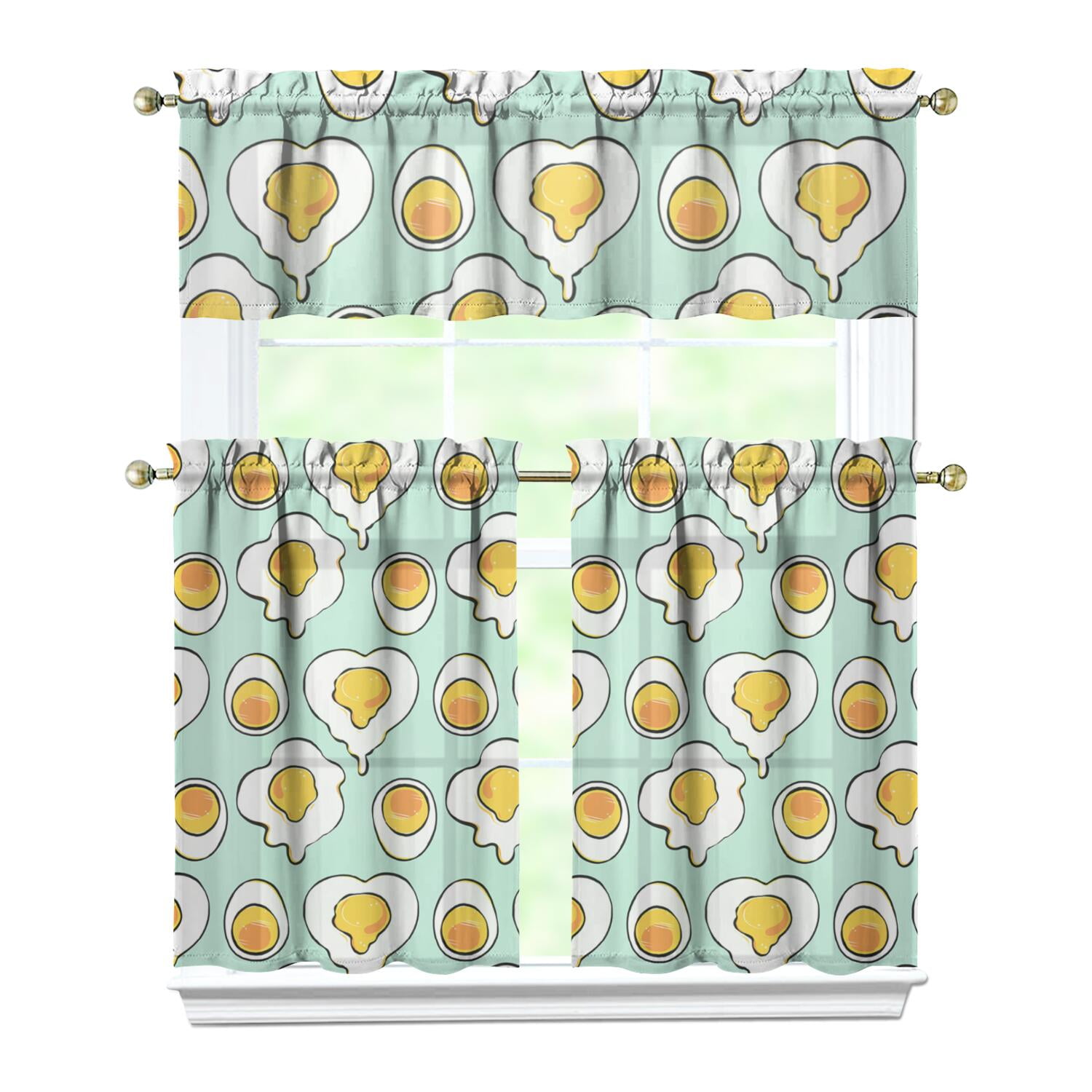 Set of 3 Foodie-Themed Kitchen Curtains - Eggshell White Caf Curtains with Valance, Chick ...