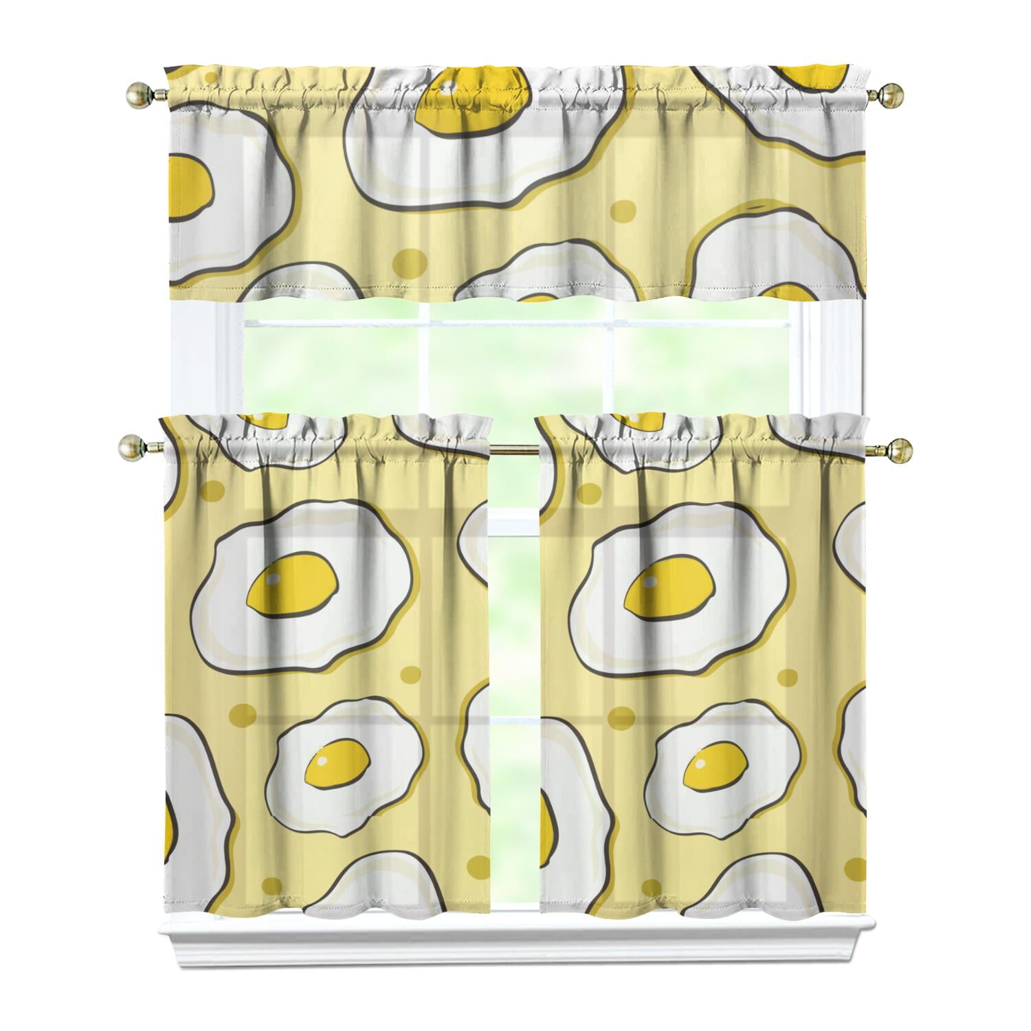 Set of 3 Foodie-Themed Kitchen Curtains - Eggshell White Caf Curtains ...