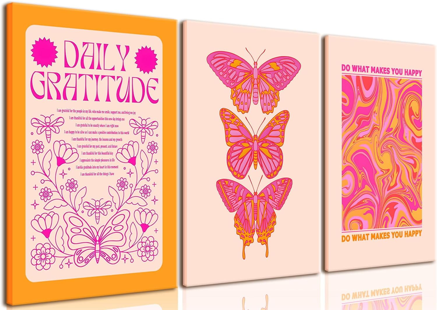 Set of 3 Framed Daily Gratitude Canvas Wall Art Trendy Butterfly Poster ...