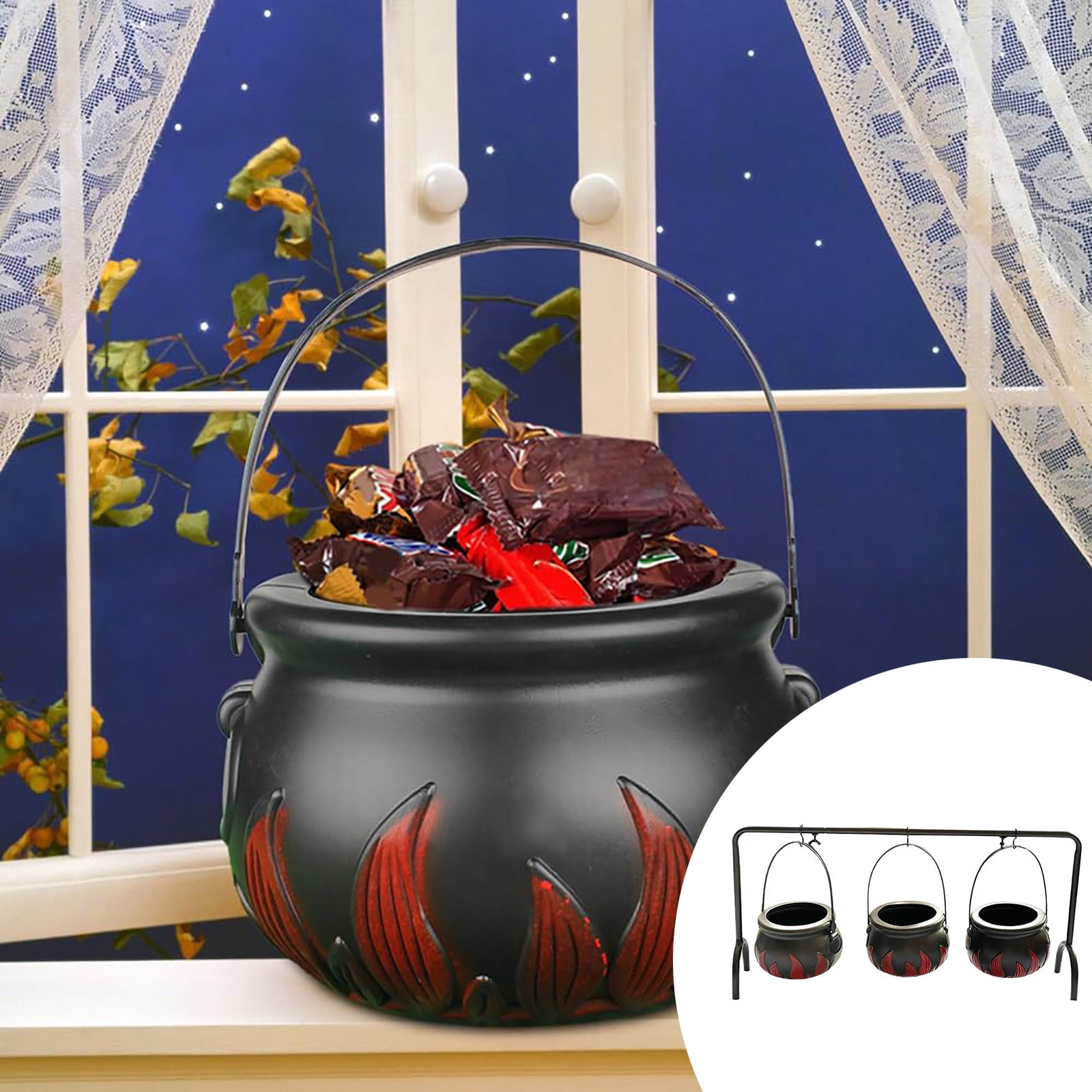 Set of 3 Halloween Cauldron Serving Bowls with Decorative Rack Black ...