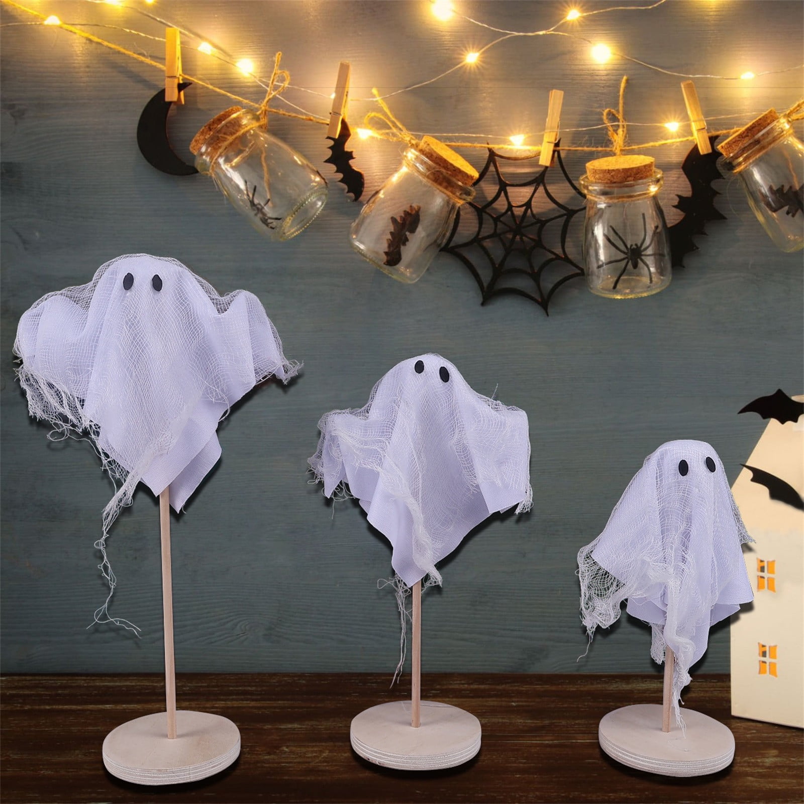 Set of 3 Halloween Ghost Decorations with Stands, White Fabric Ghosts ...