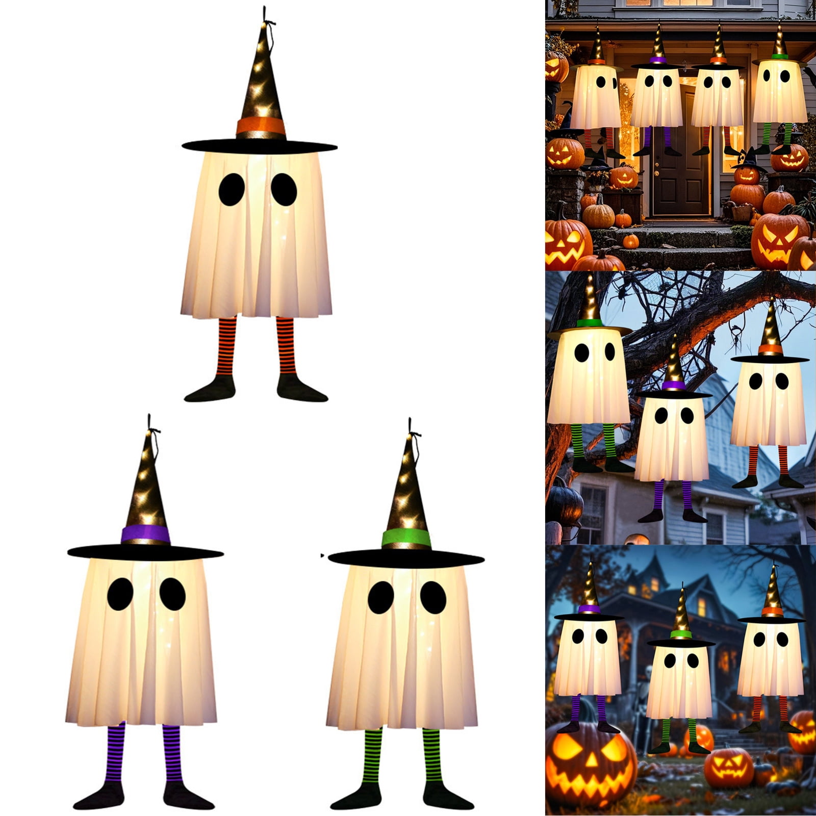 Set of 3 Halloween Hanging Ghosts Glowing Ghost Witch Hat Lights ...