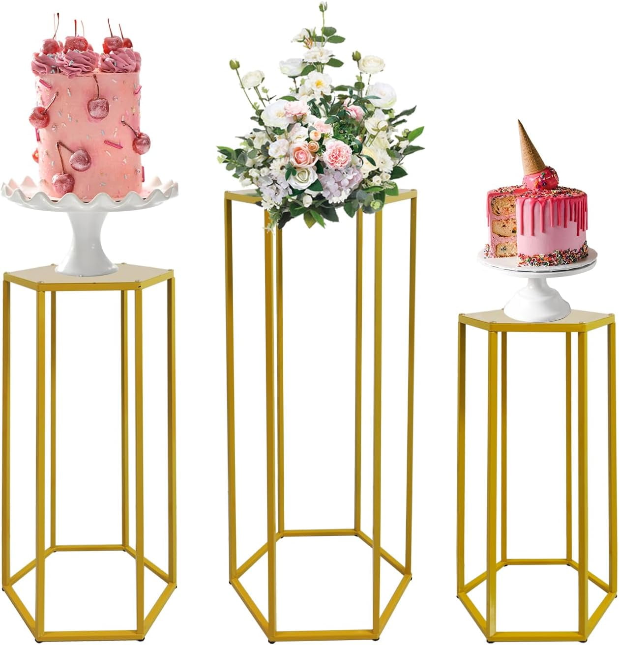 Set of 3 Hexagon Pedestal Stand, Gold Nesting Display Cylinder Tables ...