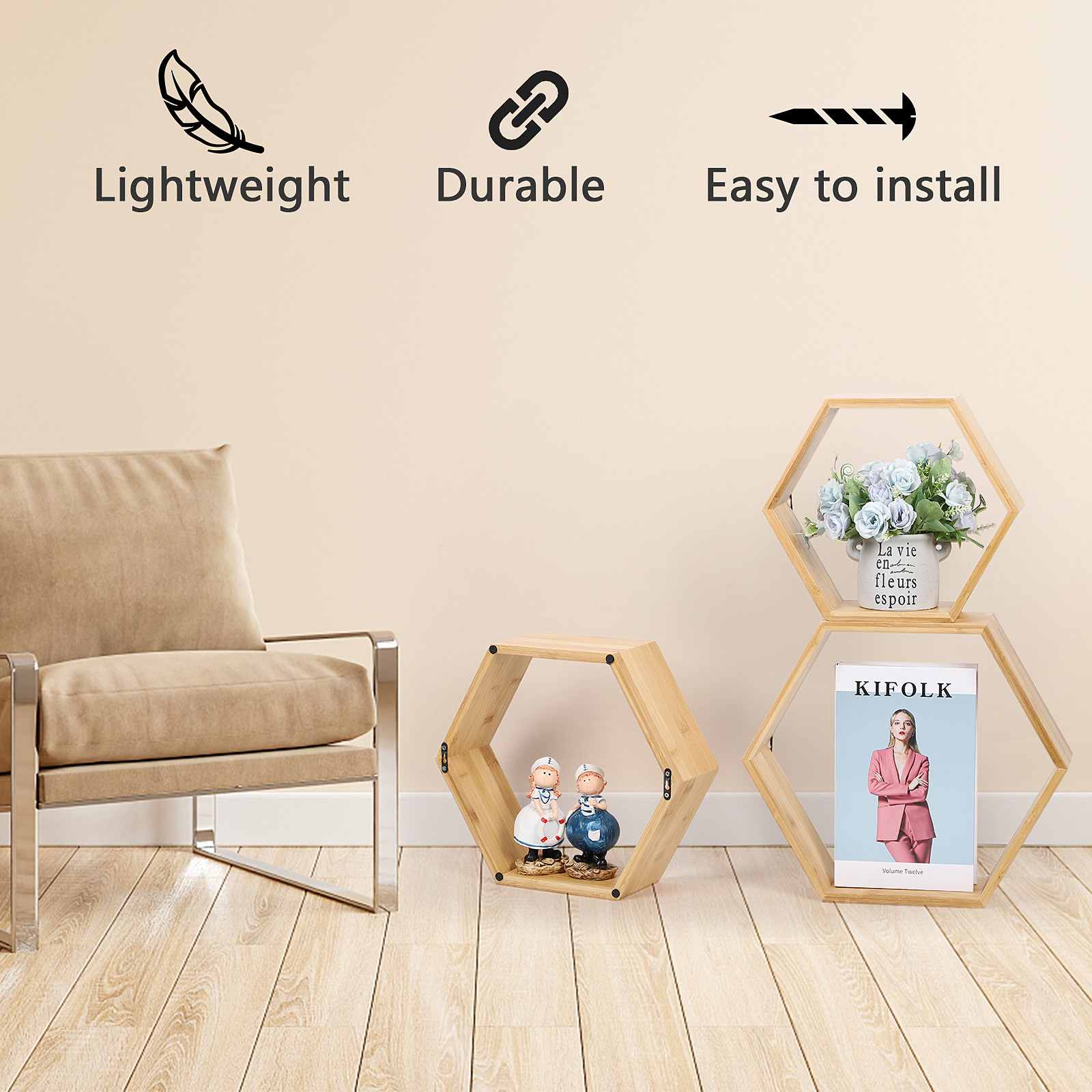 Set of 3 Hexagonal Storage Shelves Bedroom Bamboo Wall Honeycomb ...