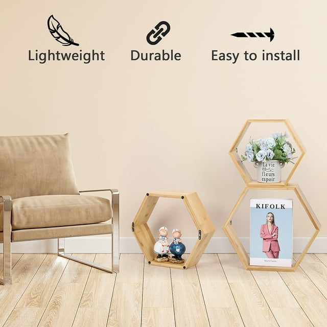 Set of 3 Hexagonal Storage Shelves Bedroom Bamboo Wall Honeycomb ...