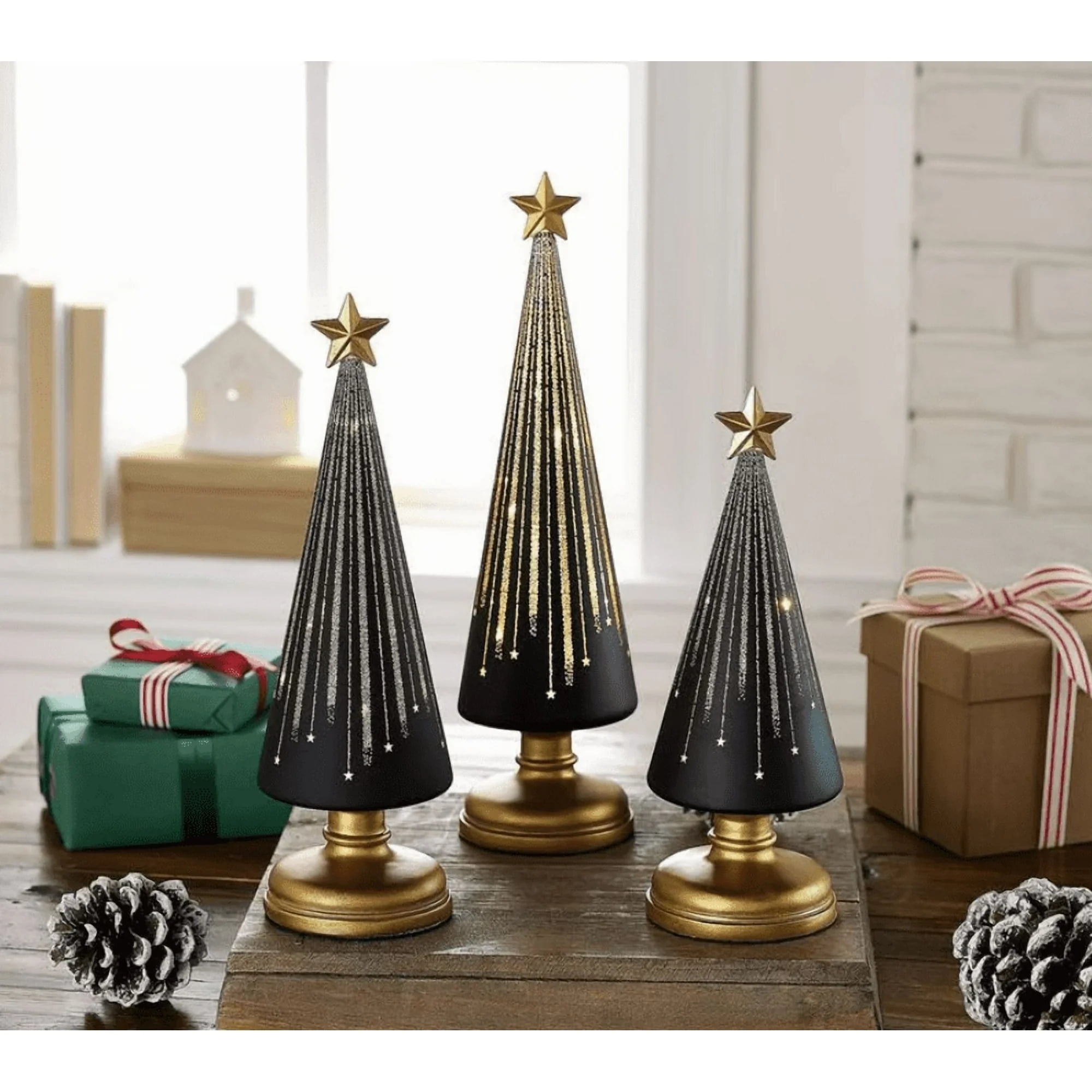 Set of 3 Illuminated Starry Night Christmas Tree Ornaments, Twinkle ...