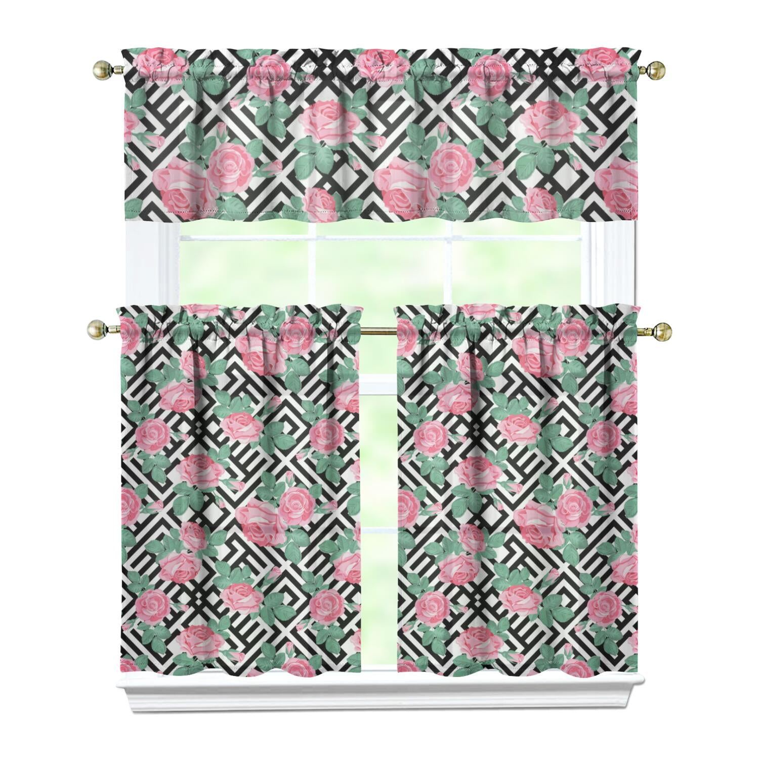 Set of 3 Kitchen Curtains, 27.5x36 Inch Polyester Material, Tropical ...