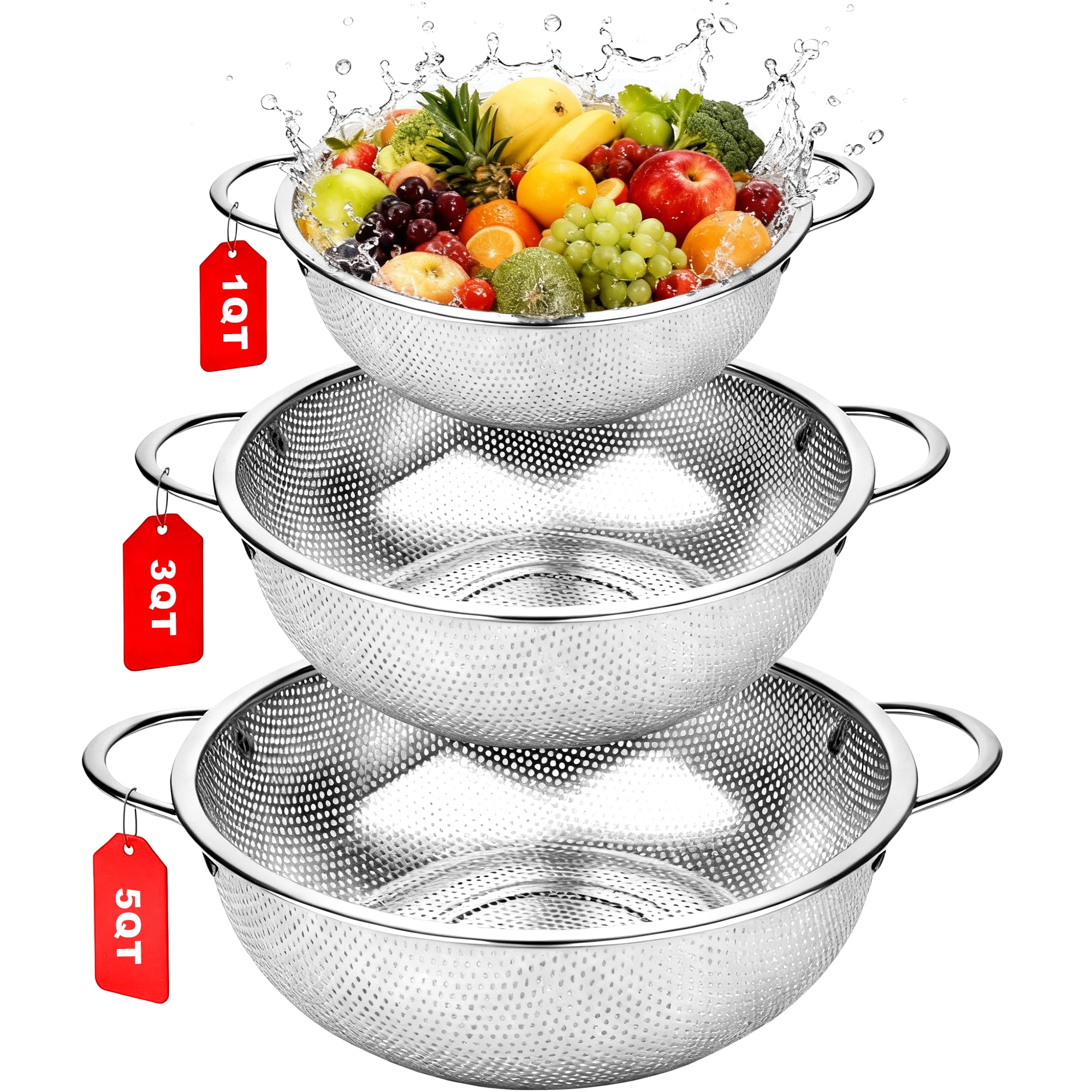 Qissep Colander Set of 3 (1-3-5Quart), Stainless Steel Micro-Perforated ...