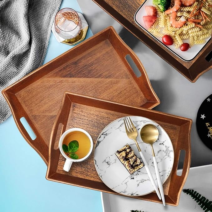 Set of 3 Large Serving Trays w/Handles Nesting Breakfast Serving Trays ...