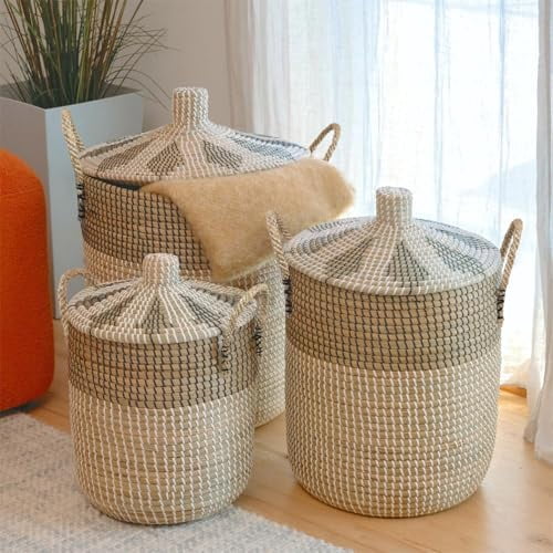 Set of 3 Laundry Baskets Hamper, Seagrass Handwoven Storage Basket with ...