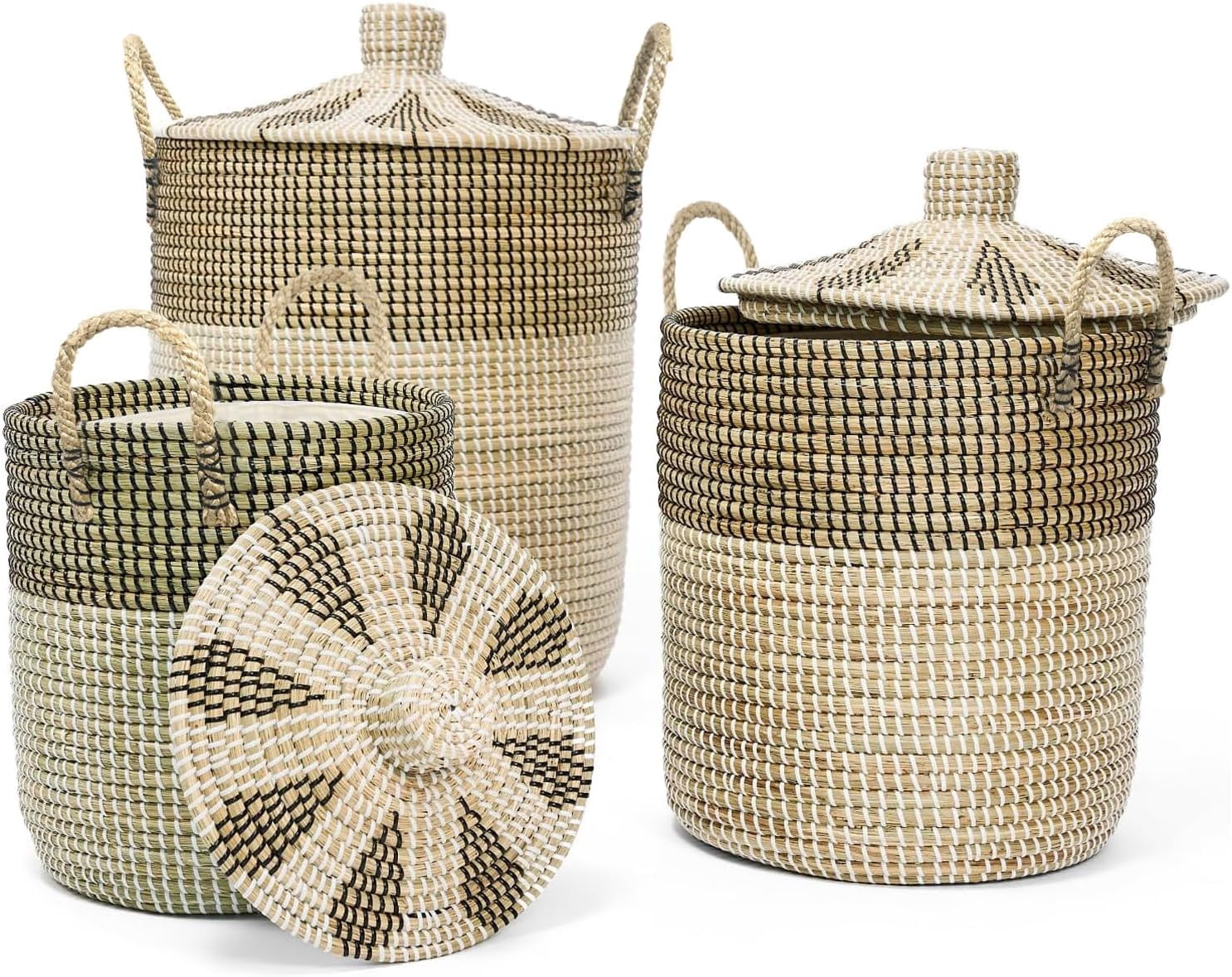 Set of 3 Laundry Baskets Hamper, Seagrass Handwoven Storage Basket with ...