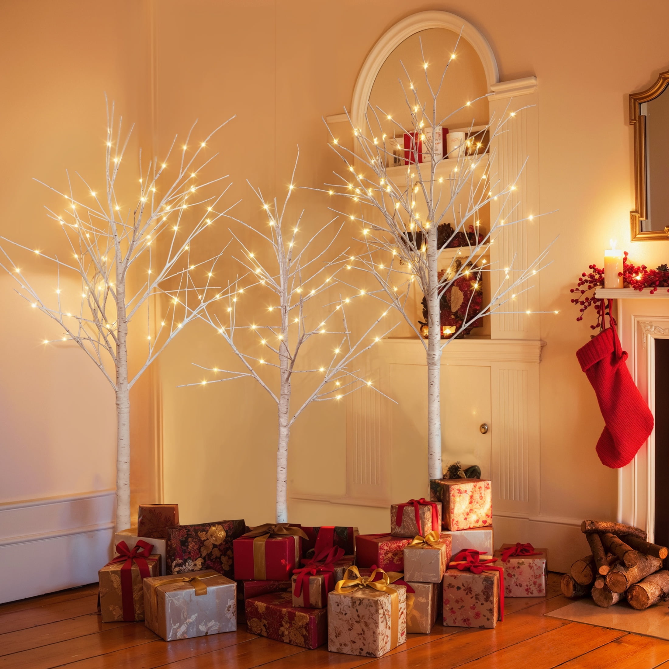 Set of 3 Lighted Birch Trees, 4FT 5FT and 6FT Wihte Artificial Tree ...