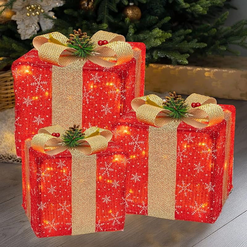 Set of 3 Lighted Christmas Gift Boxes, 50 LED Xmas Presents with Ribbon ...