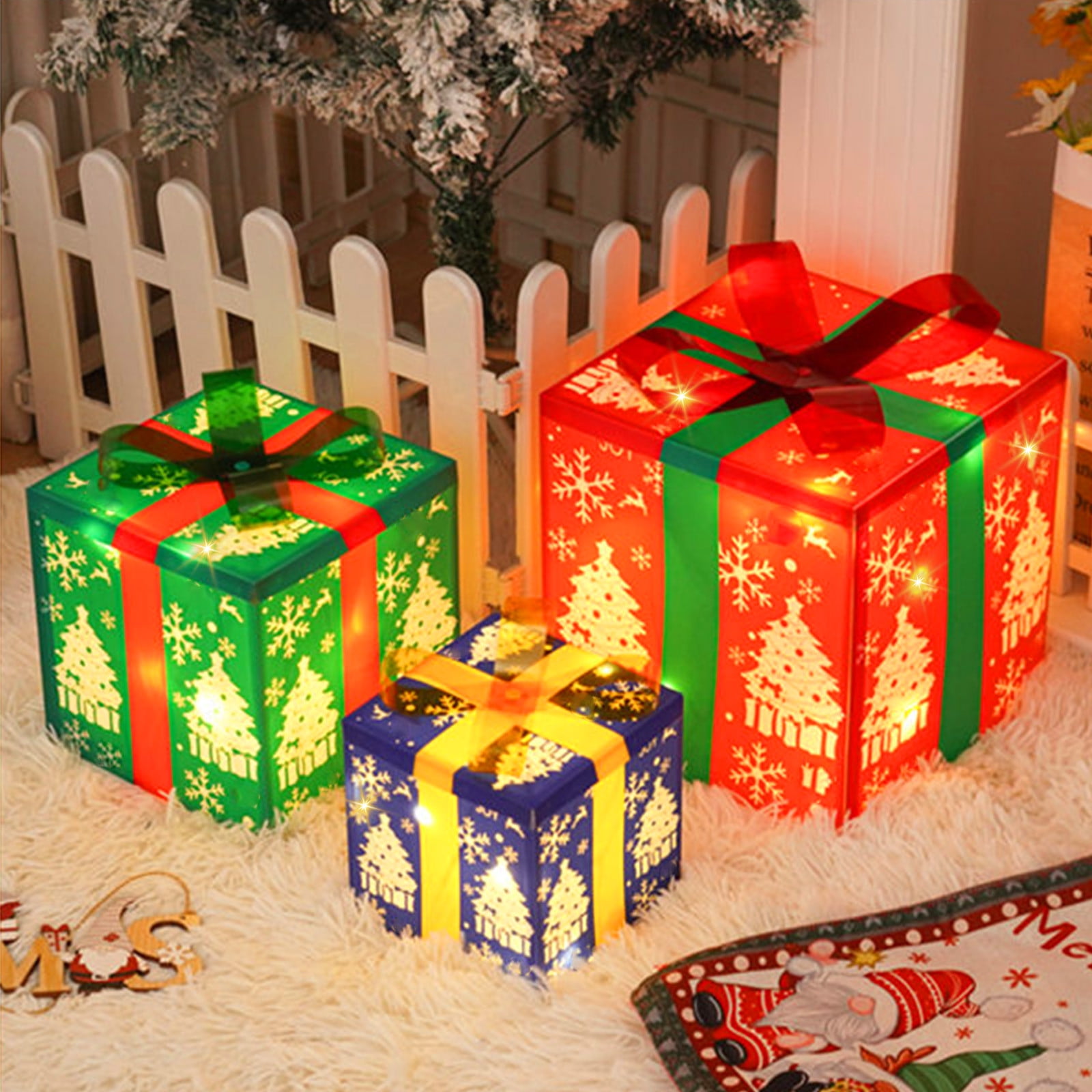 Set of 3 Lighted Christmas Gift Boxes with Remote, Multicolor PVC LED ...