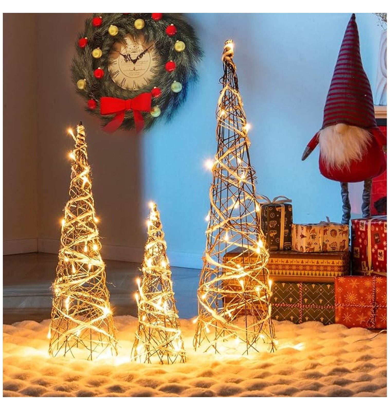 Set of 3 Lighted Christmas Rattan Cone Trees, Holiday Decorative Trees ...