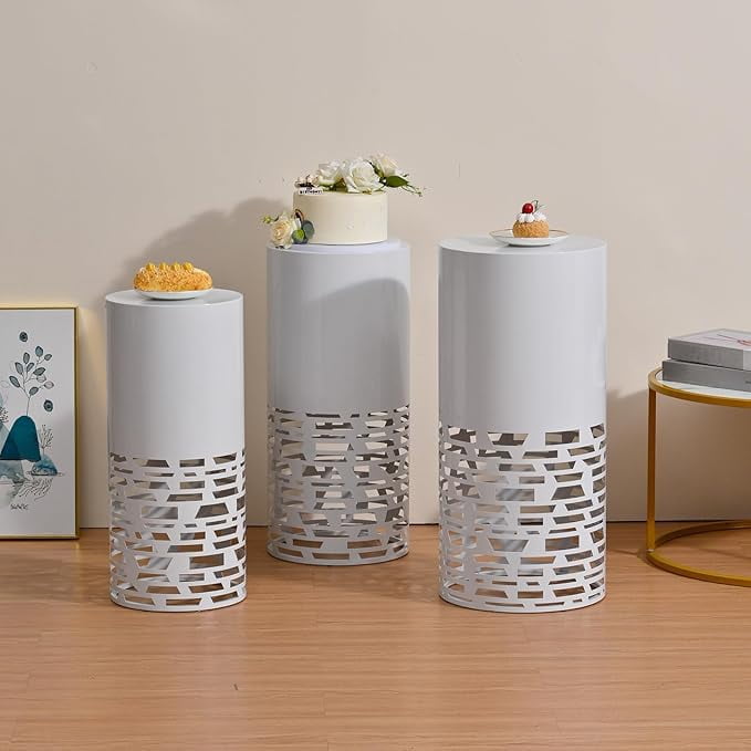 Set of 3 Metal Display Pedestal Stand for Party White Cylinder Pedestal ...