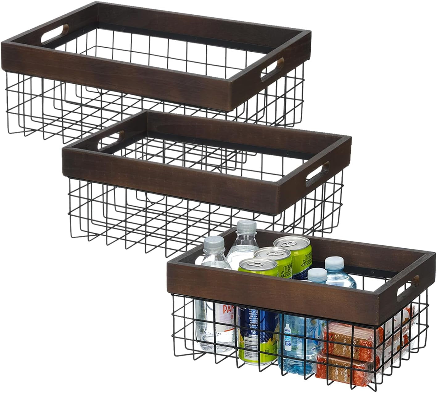 Set of 3 Metal Wire Baskets for Organizing Wood Top with Handles ...